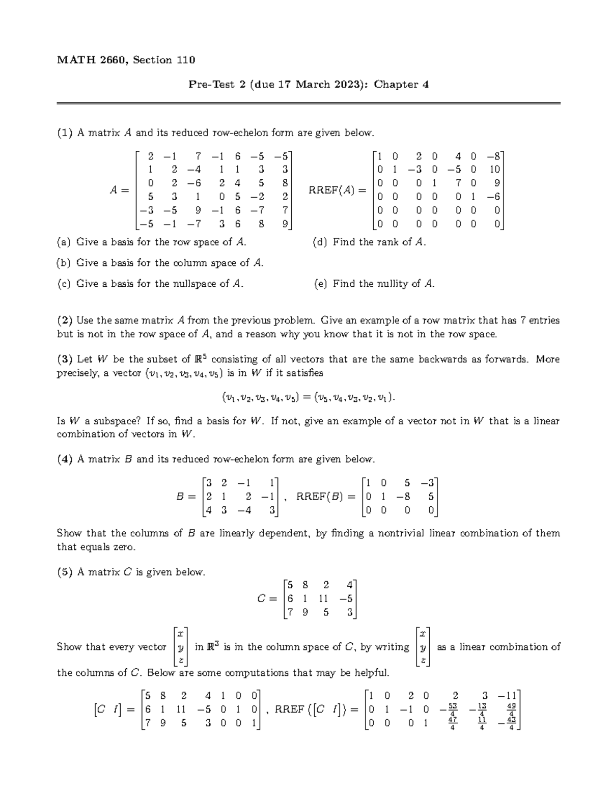Pre-test2 - Pre test - MATH 2660, Section 110 Pre-Test 2 (due 17 March ...