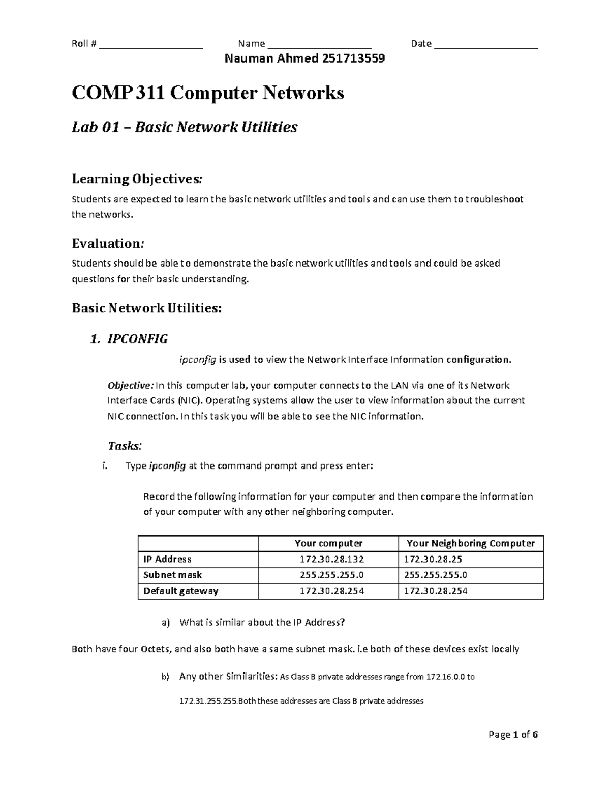 Lab 01 - Basic Network Utilities - Nauman Ahmed 251713559 COMP 311 Computer Networks Lab 01 ...