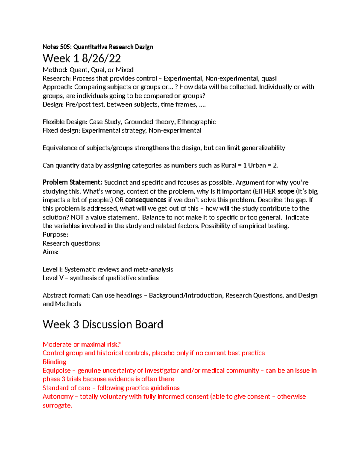 Notes 505 - ntoes - Notes 505: Quantitative Research Design Week 1 8/26 ...