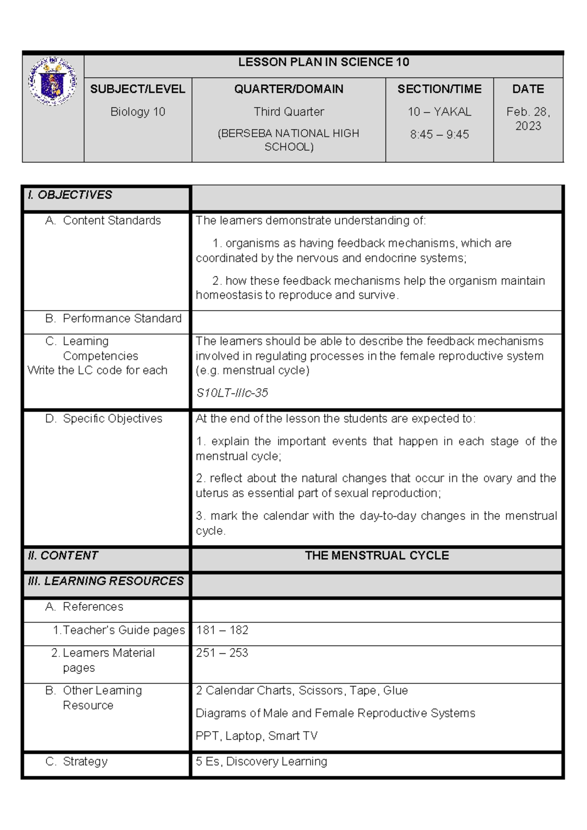 LP Biology 10 COT - LESSON PLAN IN SCIENCE 10 SUBJECT/LEVEL Biology 10 ...