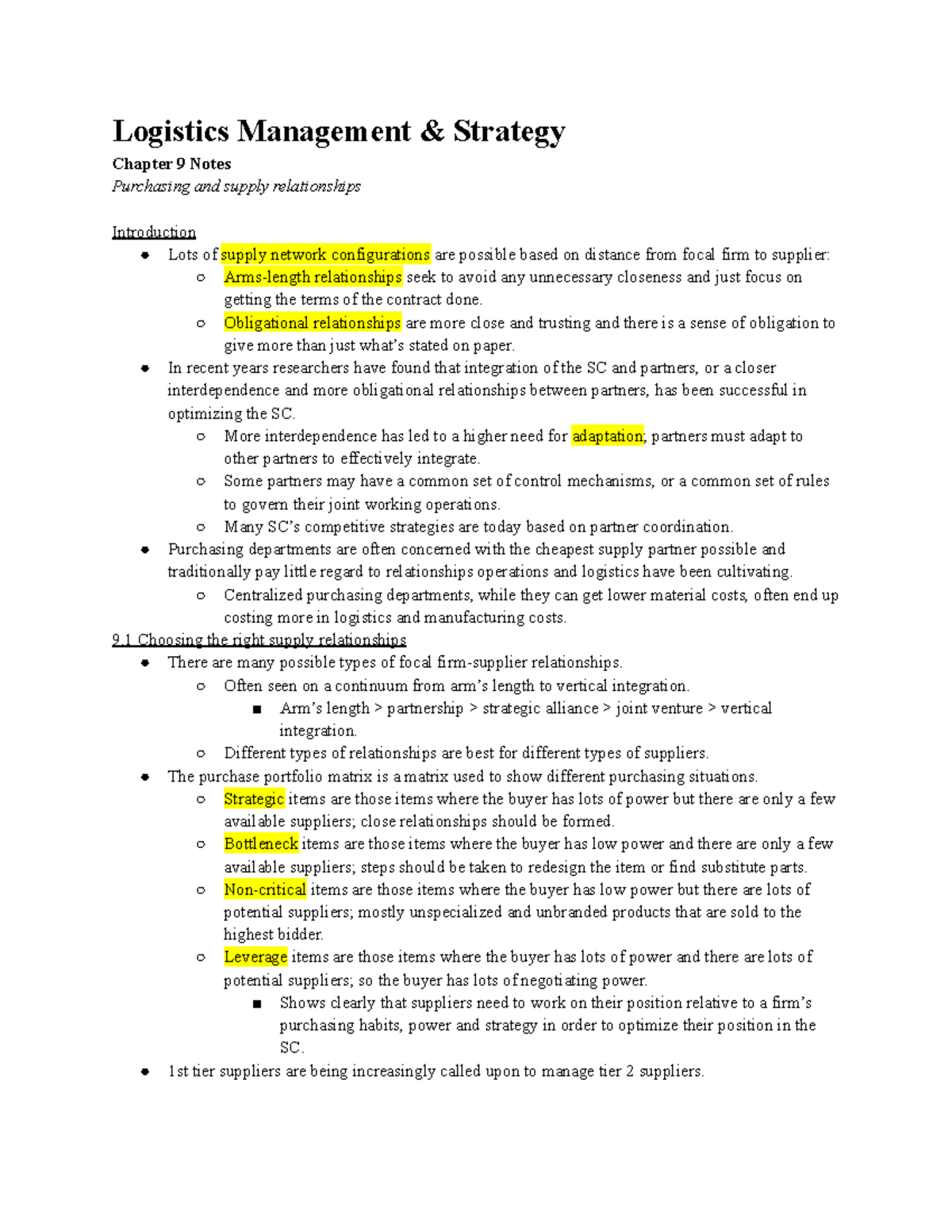 Chapter 9 Notes - Logistics Management & Strategy Chapter 9 Notes ...