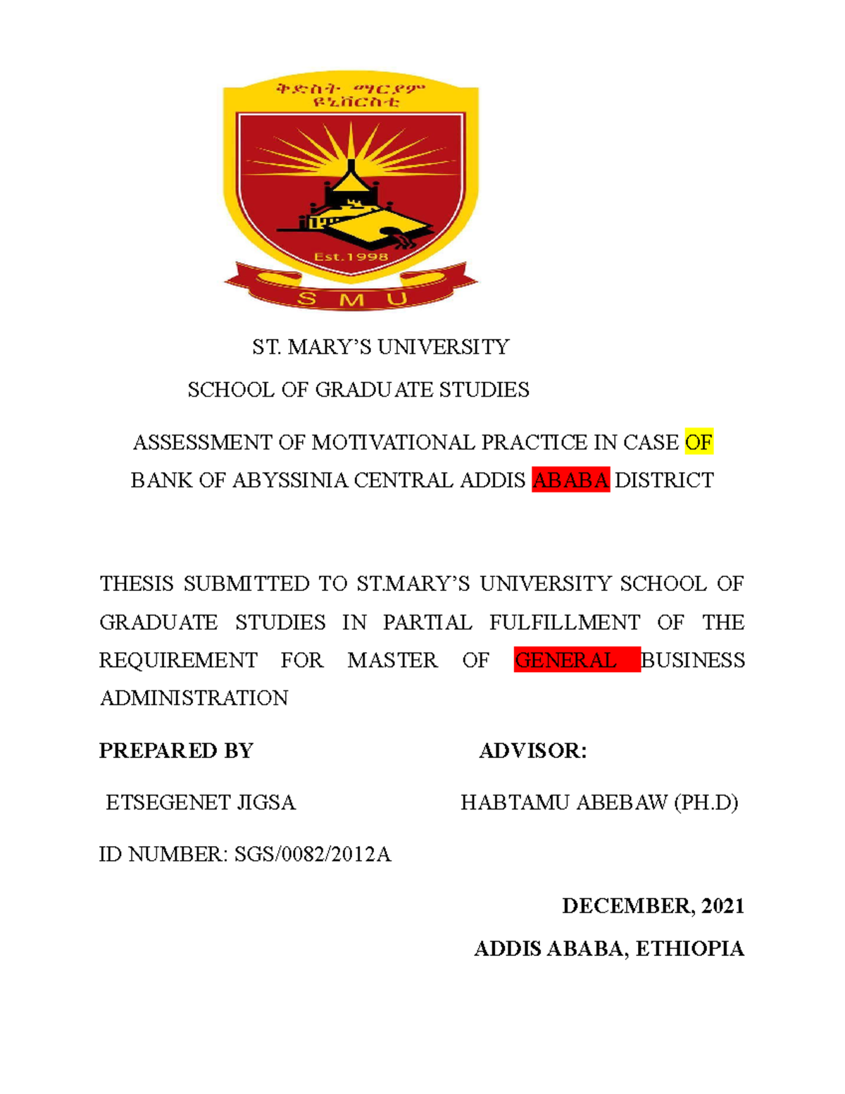 Research OF Etsegenet Jigsa Commented - ST. MARY’S UNIVERSITY SCHOOL OF ...