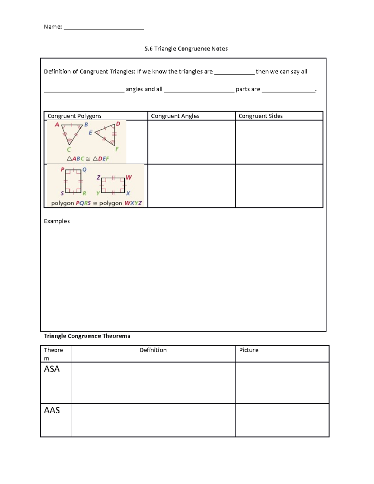 4.6 GN Triangle Congruence - 5 Triangle Congruence Notes Definition of ...