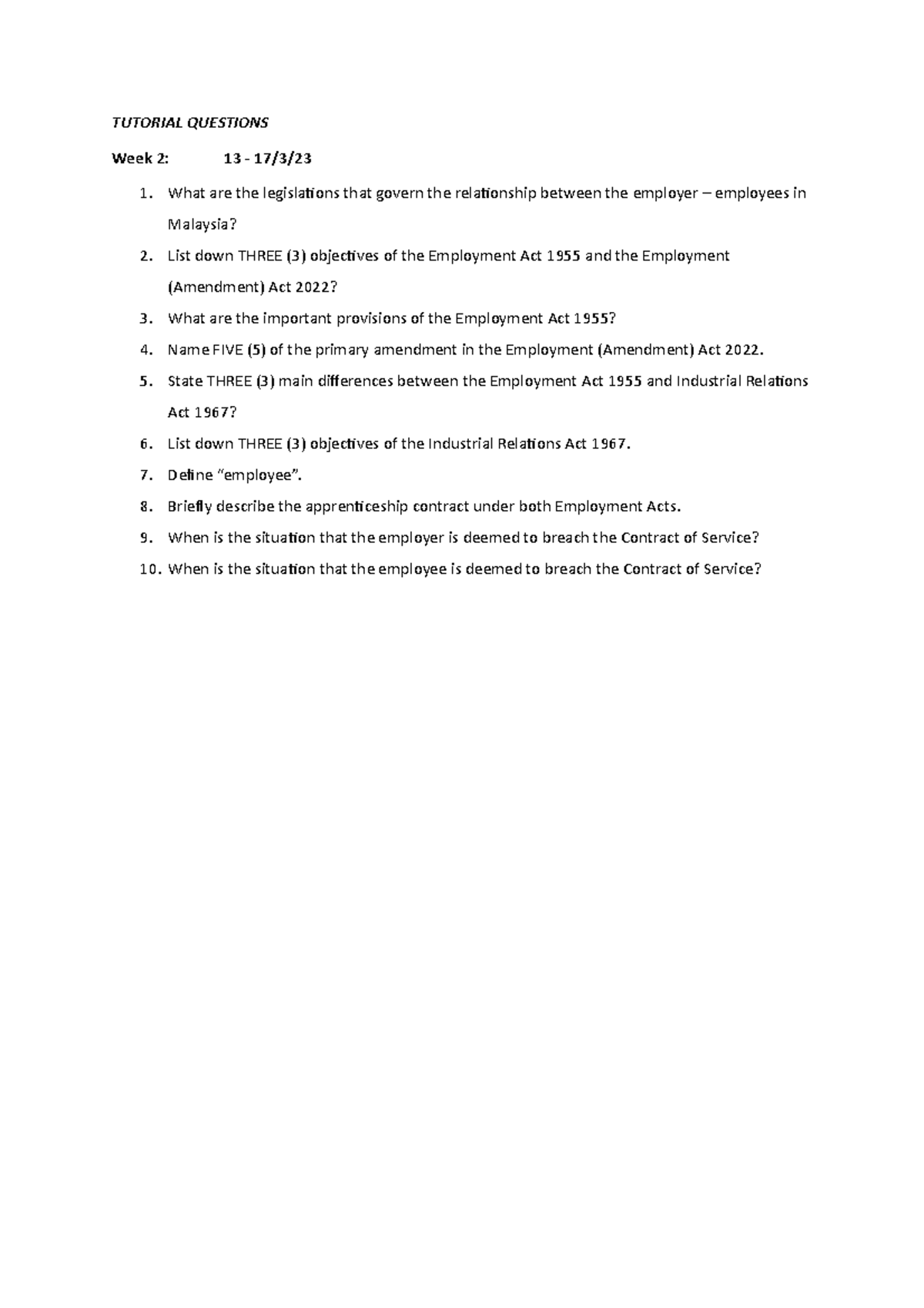Tutorial Questions Employment LAW Industrial Relations - TUTORIAL ...