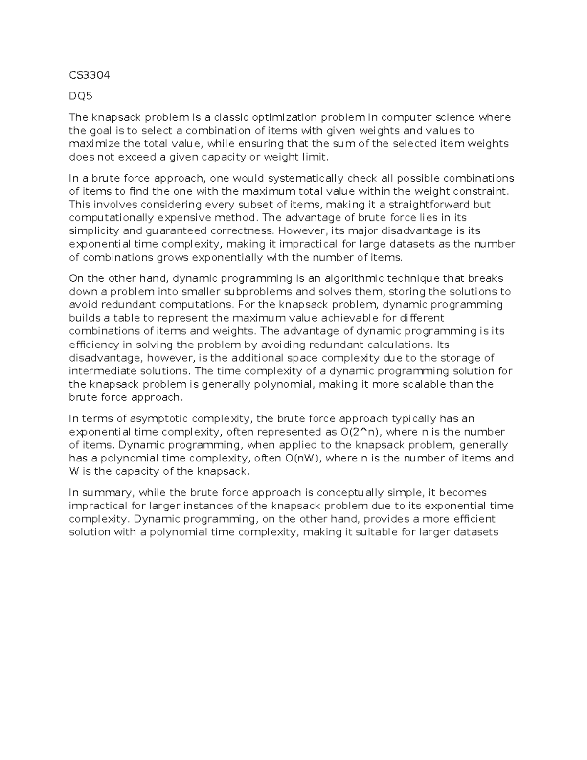 Cs3304dq5 Assignment Cs Dq The Knapsack Problem Is A Classic Optimization Problem In