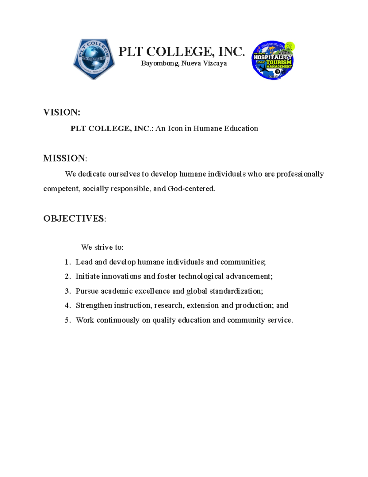 VGMO-PLT-HYMN - LIFE - Bayombong, Nueva Vizcaya VISION: PLT COLLEGE ...