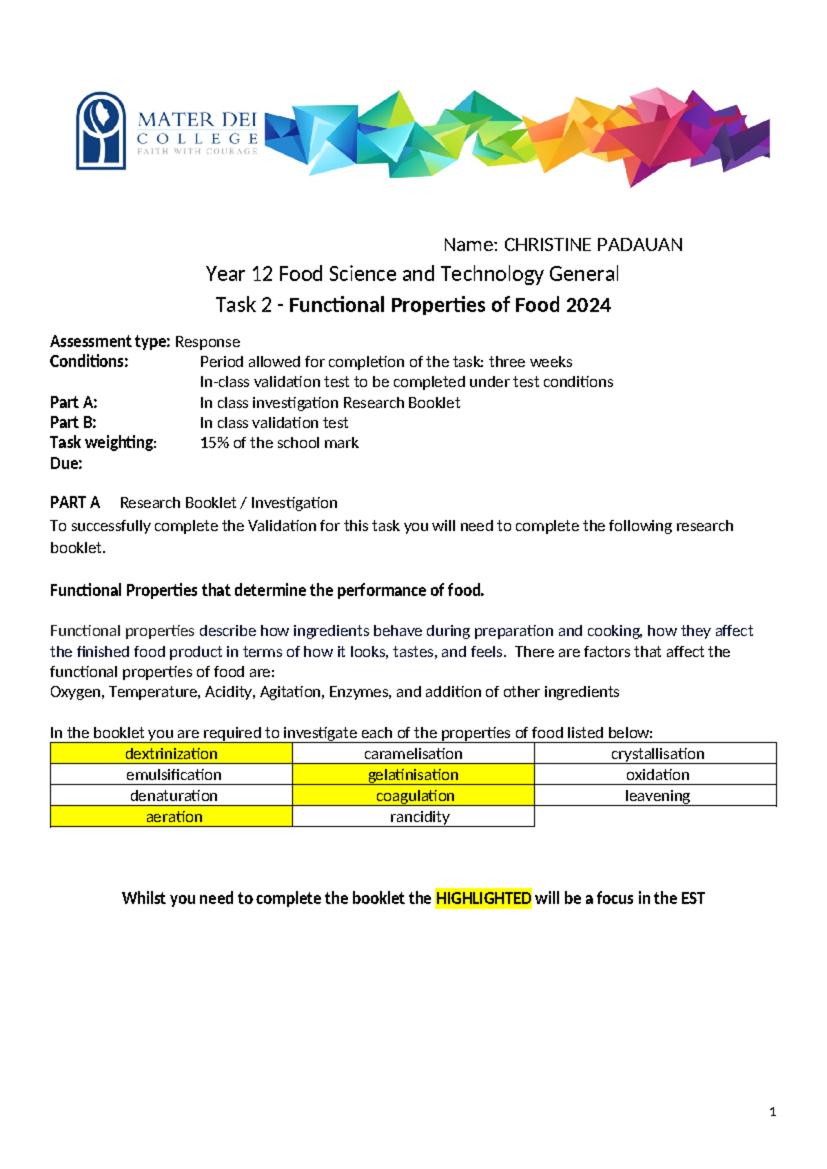 Yr 12 FST Task 2 Functional Properties of Food Booklet 2024 - Name ...