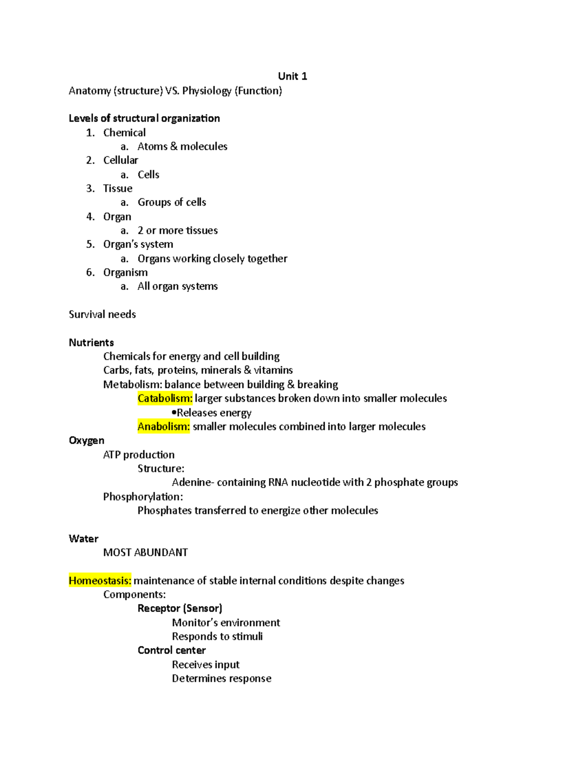 Unit 1 notes - Unit 1 Anatomy (structure) VS. Physiology (Function ...