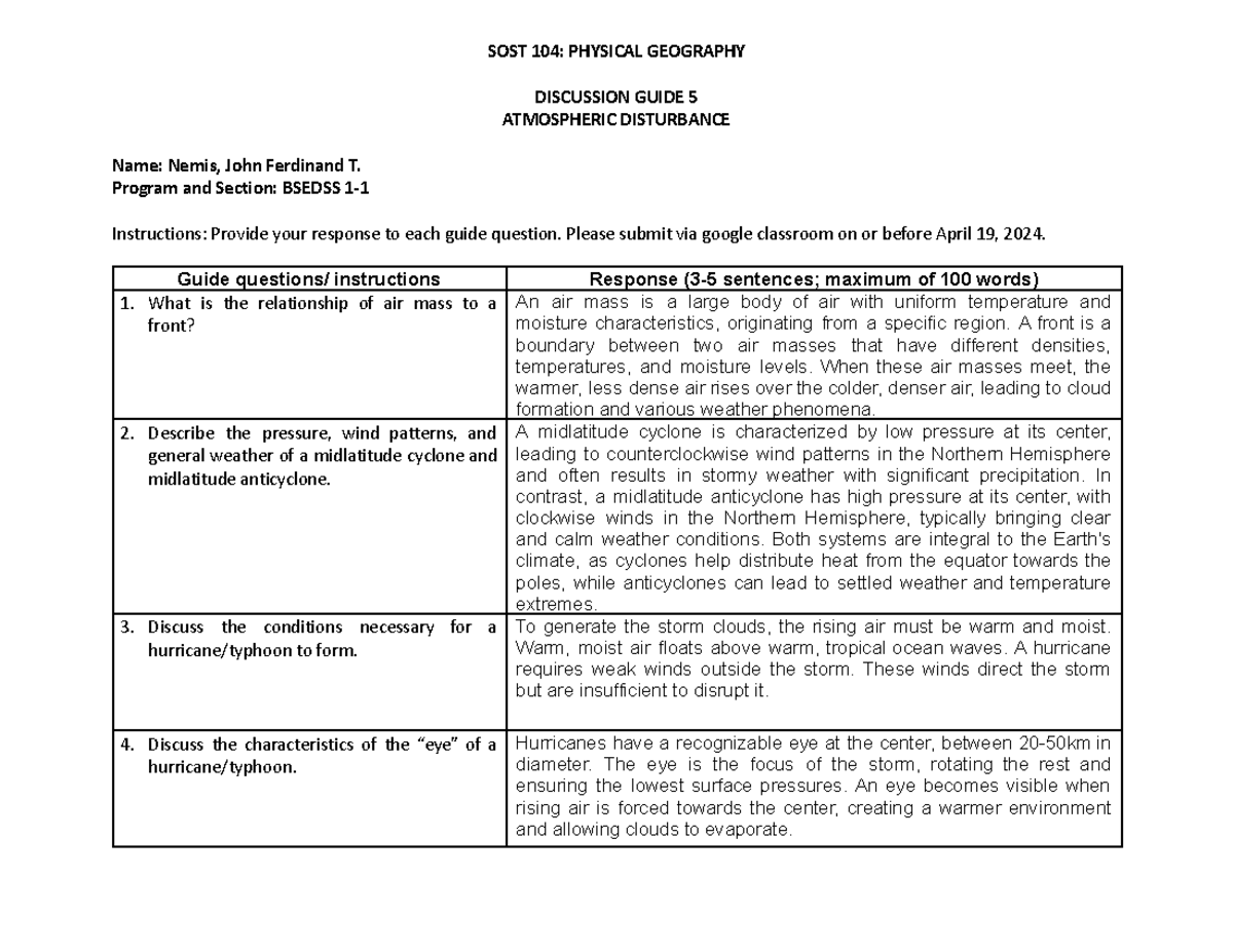 Discussion Guide 5 - Atmospheric Disturbance - SOST 104: PHYSICAL ...