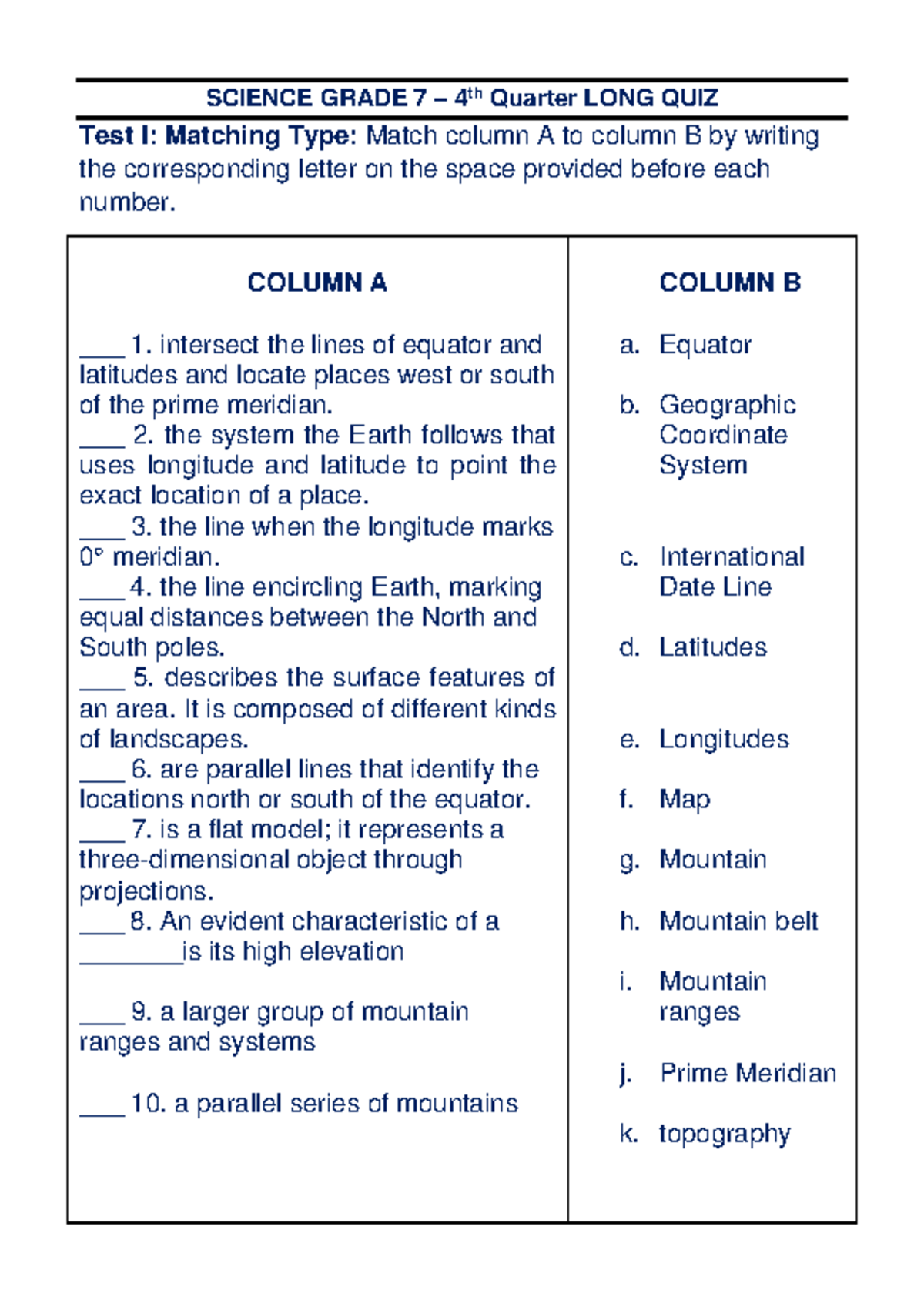 Longquiiiz - SCIENCE GRADE 7 – 4 th Quarter LONG QUIZ Test I: Matching ...
