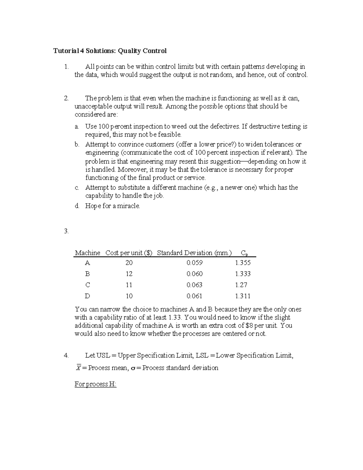 Tutorial 4 Solution Guide - Tutorial 4 Solutions: Quality Control All points can be within ...