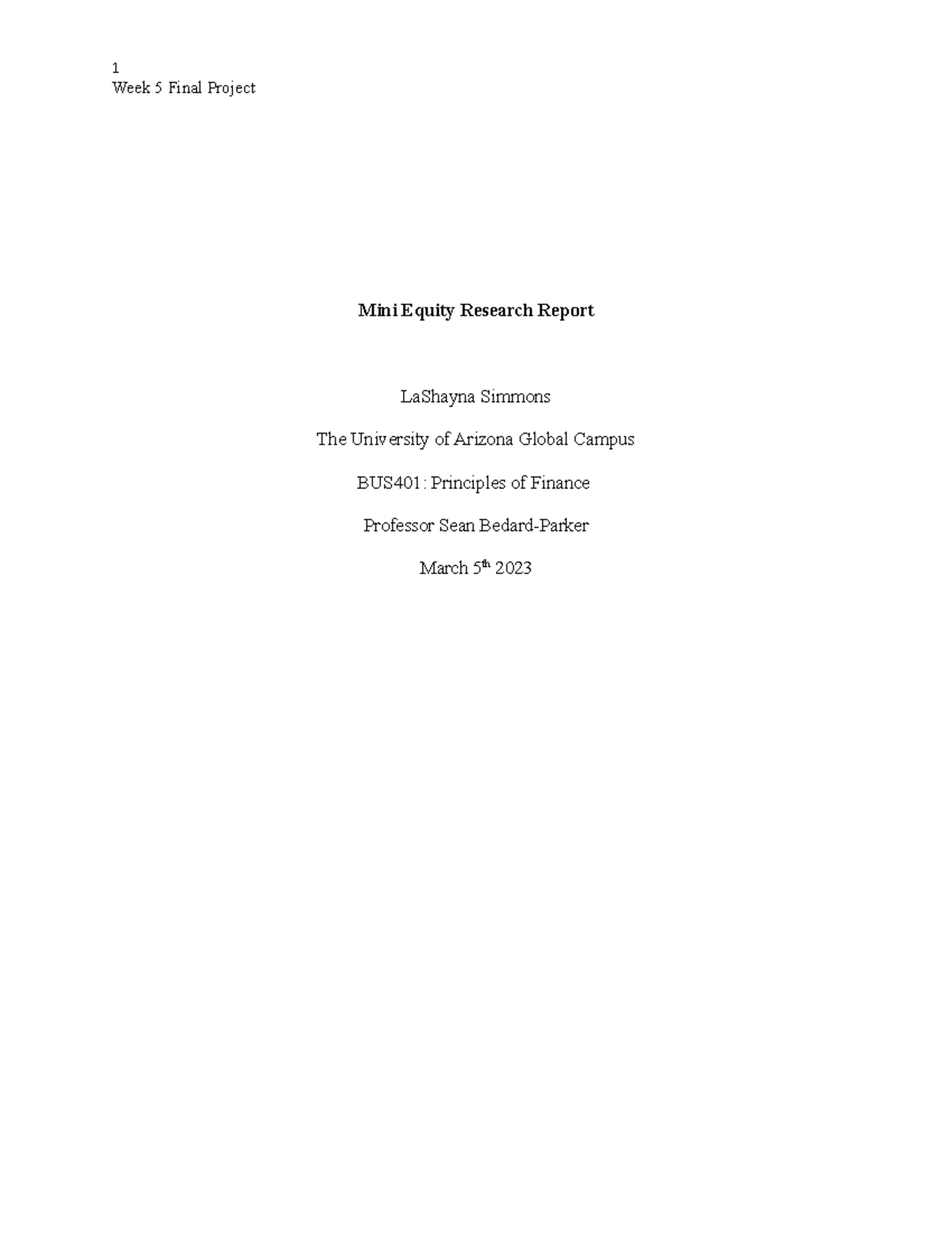 Mini Equity RR - FINAL project - Mini Equity Research Report LaShayna ...