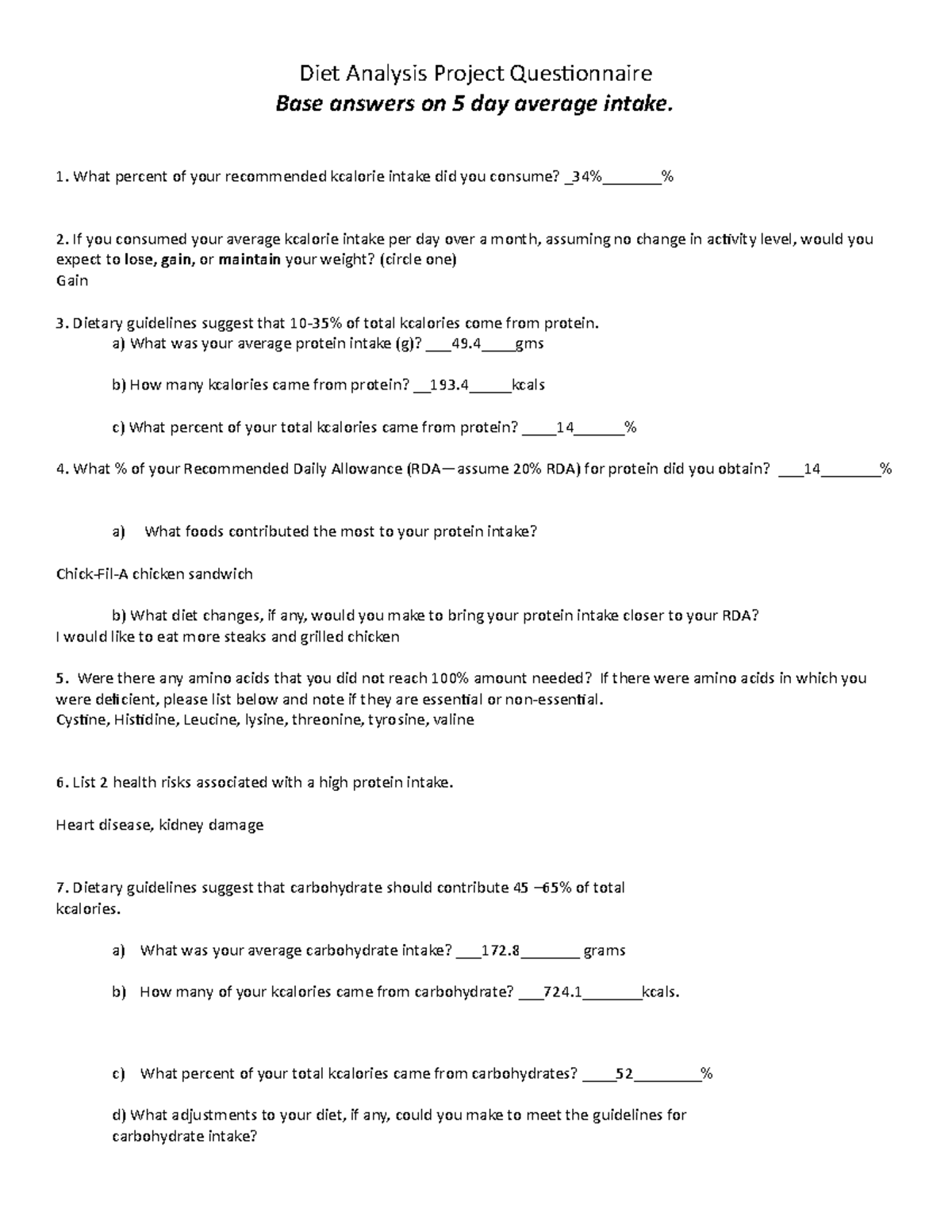 Diet Analysis Project - work - Diet Analysis Project Questionnaire Base ...