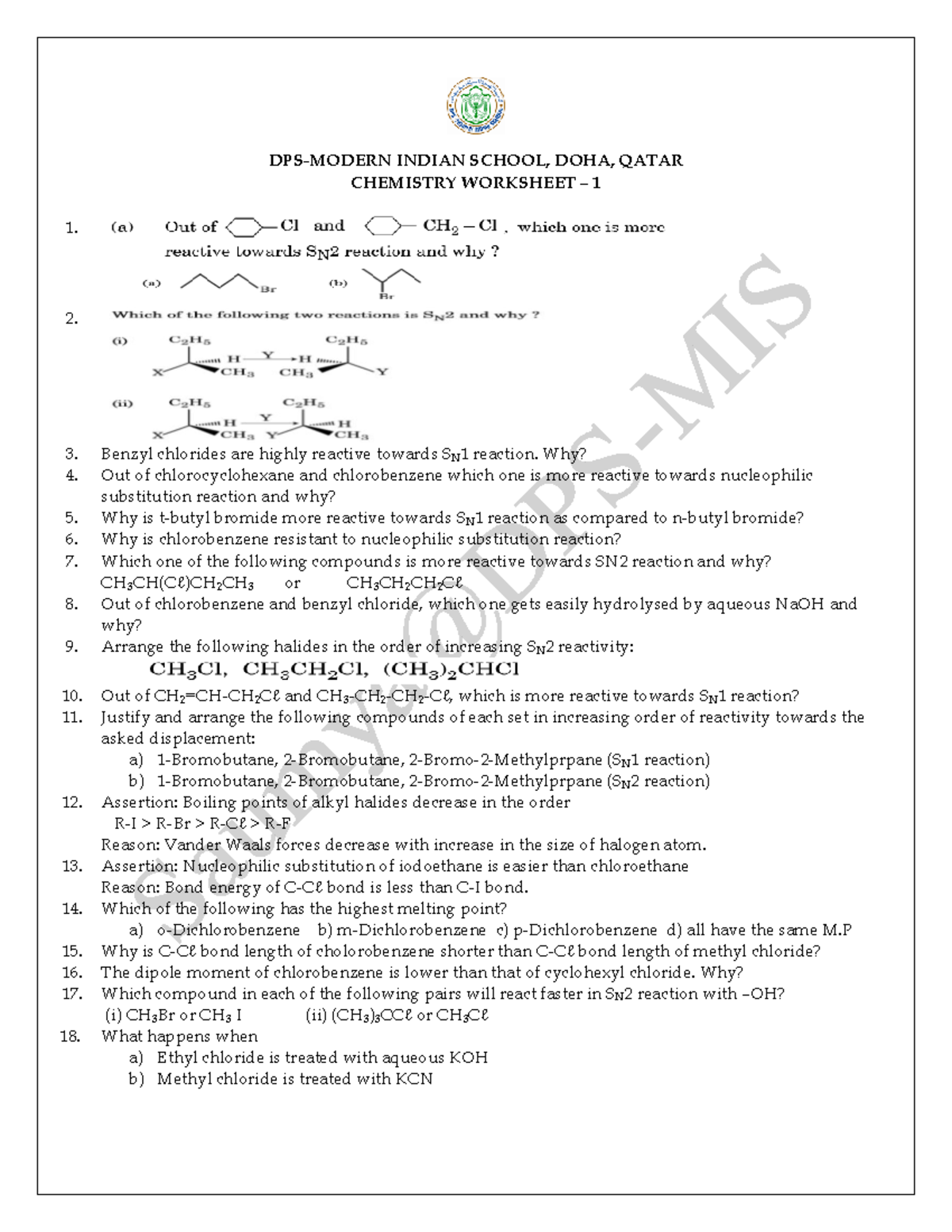 CHEM Worksheet 1 - DPS-MODERN INDIAN SCHOOL, DOHA, QATAR CHEMISTRY ...