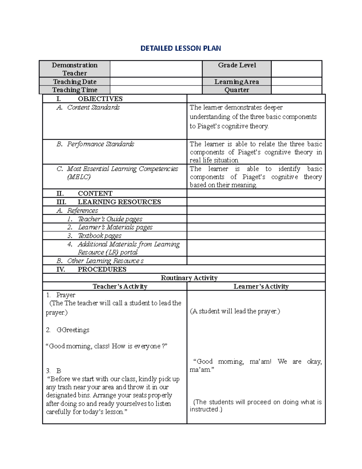 Detailed Lesson Plan Template - DETAILED LESSON PLAN Demonstration ...
