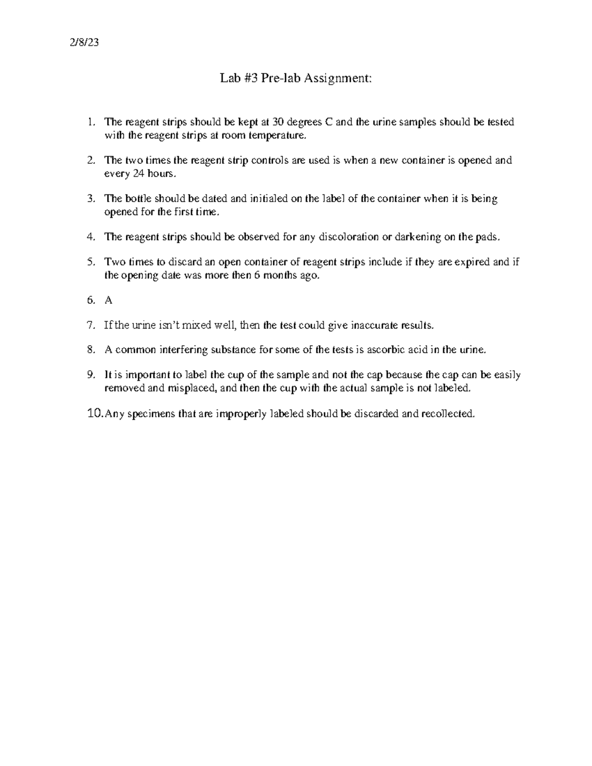 BMS 561 Lab #3 Prelab - Pre laboratory number 3 - 2/8/ Lab #3 Pre-lab Assignment: The reagent ...