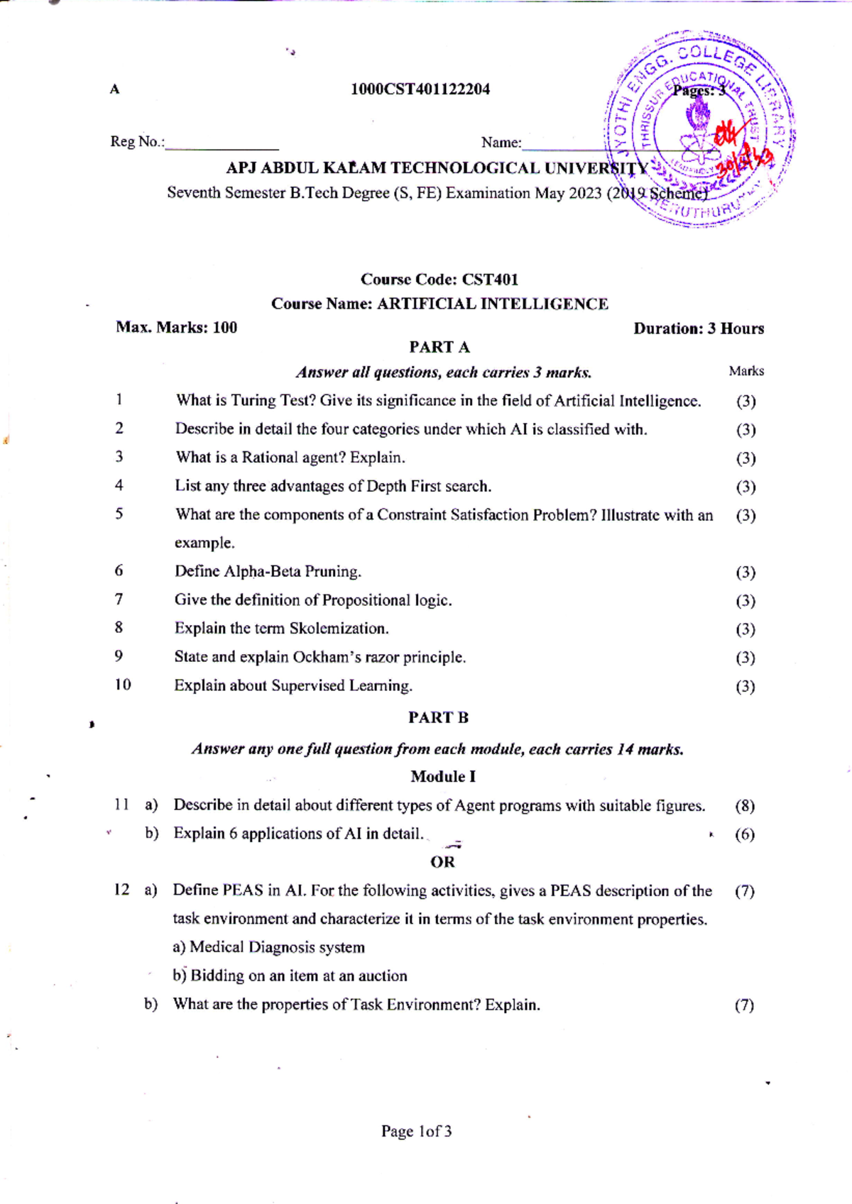 CST401 Artificial Intelligence, MAY 2023 - A Reg No.: I 2 J 4 5 6 7 8 9 ...