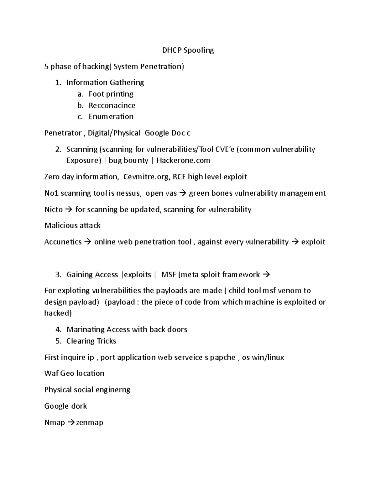 Dhcp Spoofing Lecture Notes Dhcp Spoofing 5 Phase Of Hacking System Penetration