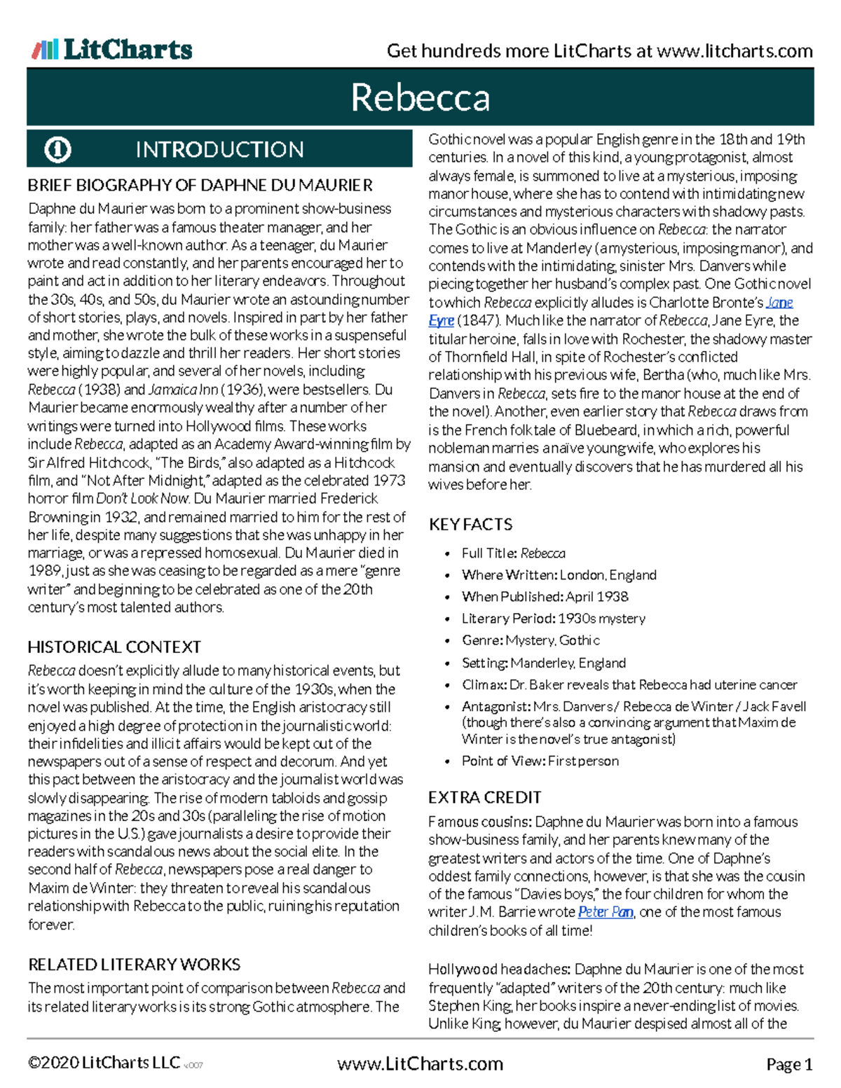 Rebecca-Lit Chart - Chapter summaries - Rebecca BRIEF BIOGRAPHY OF ...