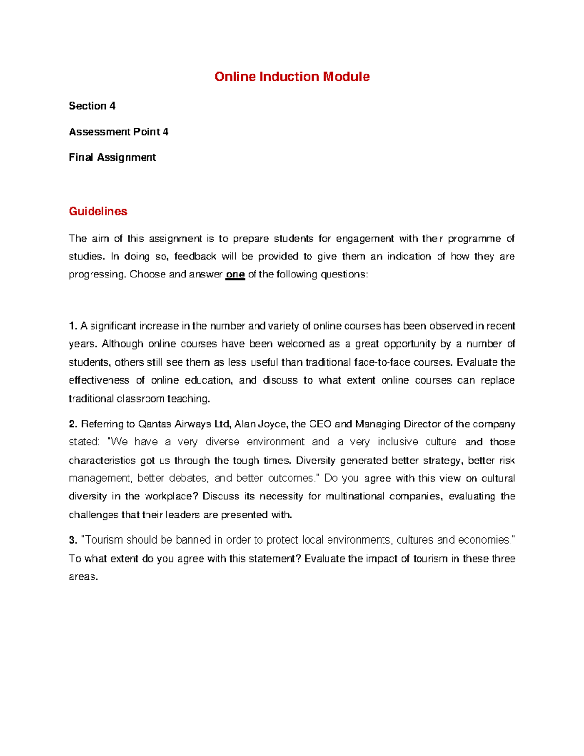 Induction Assignment Guidelines - Online Induction Module Section 4 ...