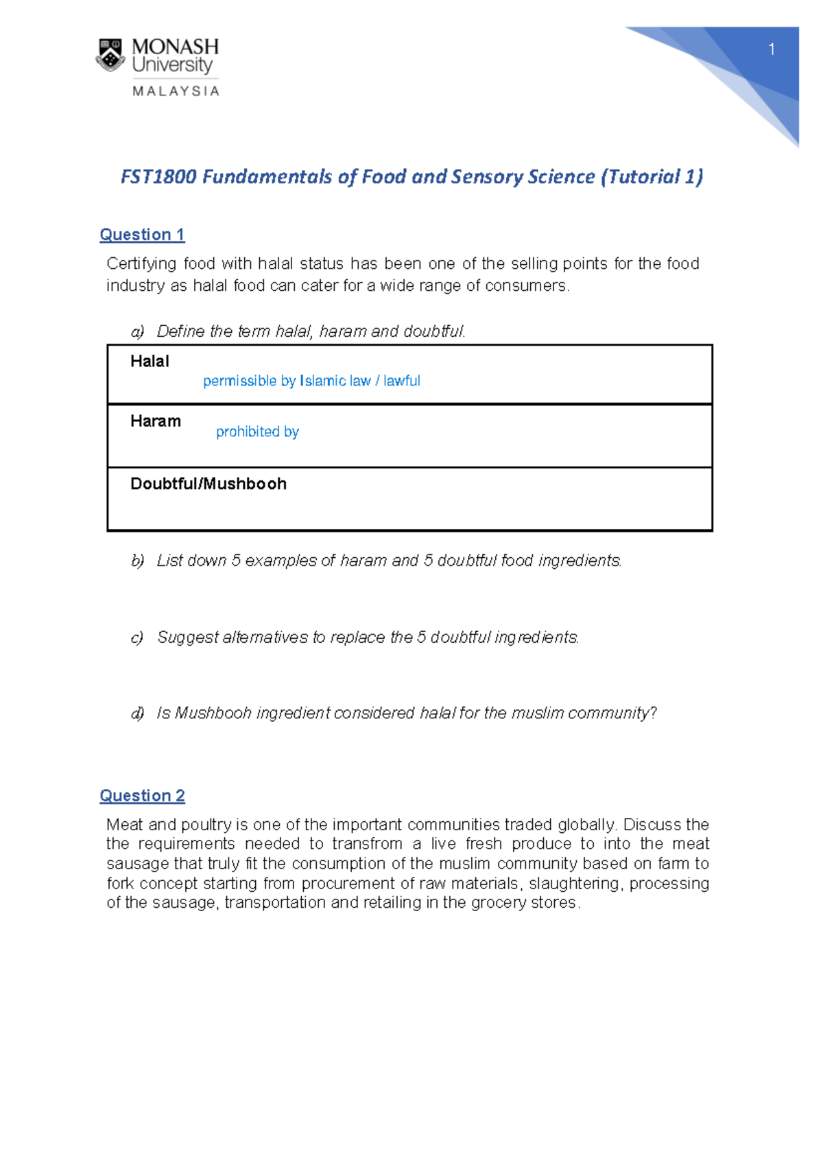 Worksheet Practice for Week 1 - 1 FST1800 Fundamentals of Food and ...