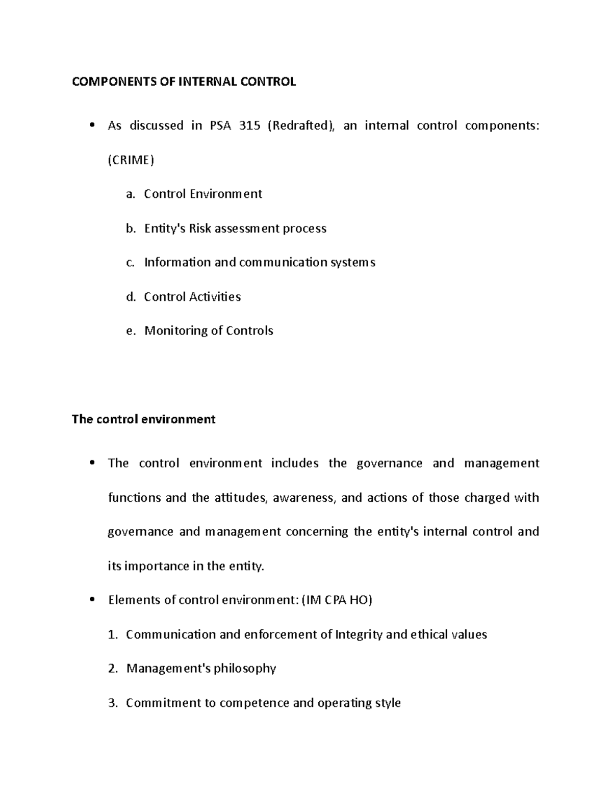 Components OF Internal Control - COMPONENTS OF INTERNAL CONTROL As ...