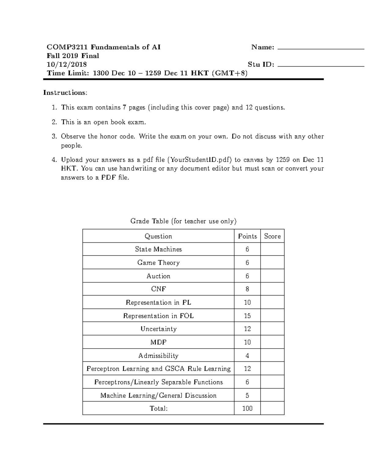 (COMP3211)2019 Final - COMP3211 Fundamentals of AI Name: Fall 2019 ...