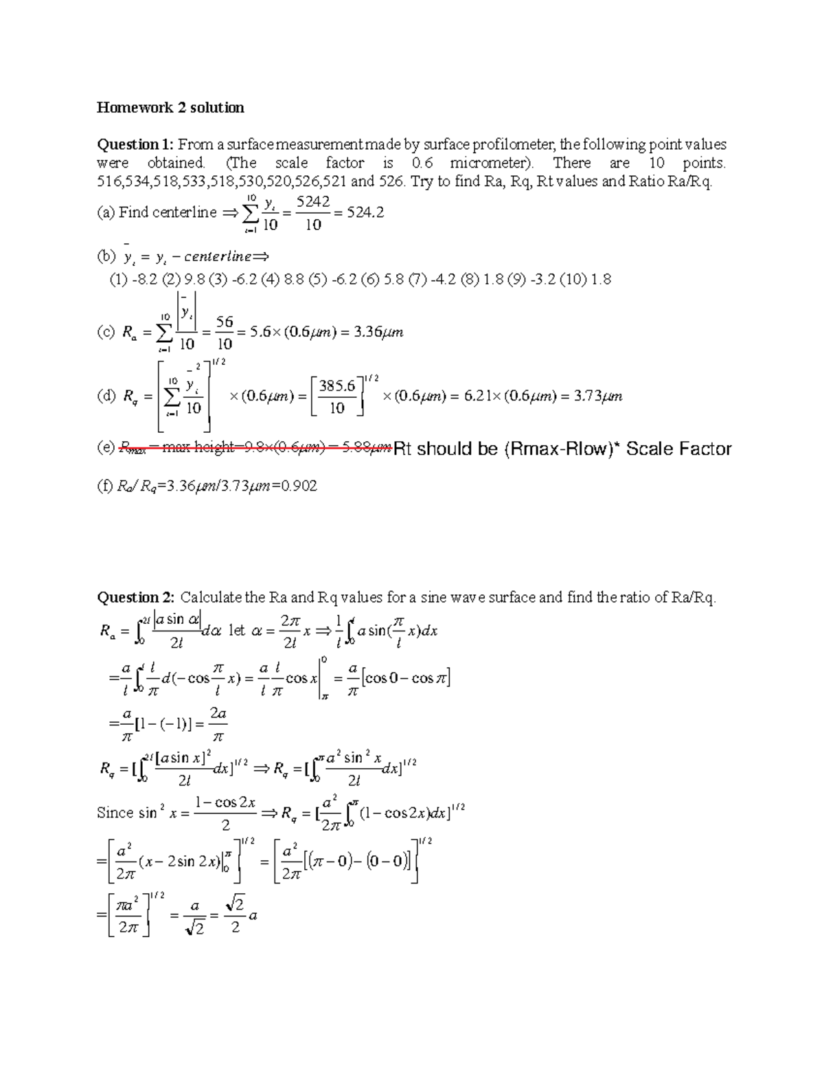 Homework 2 Solution - Homework 2 solution Question 1: From a surface measurement made by surface ...