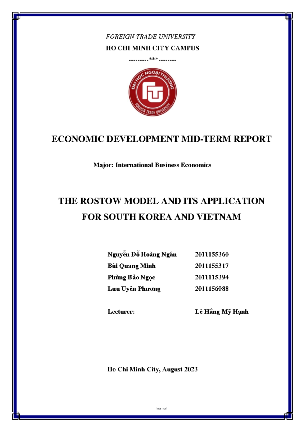 THE Rostow Model Report - Group 5 - FOREIGN TRADE UNIVERSITY HO CHI MINH CITY CAMPUS ...