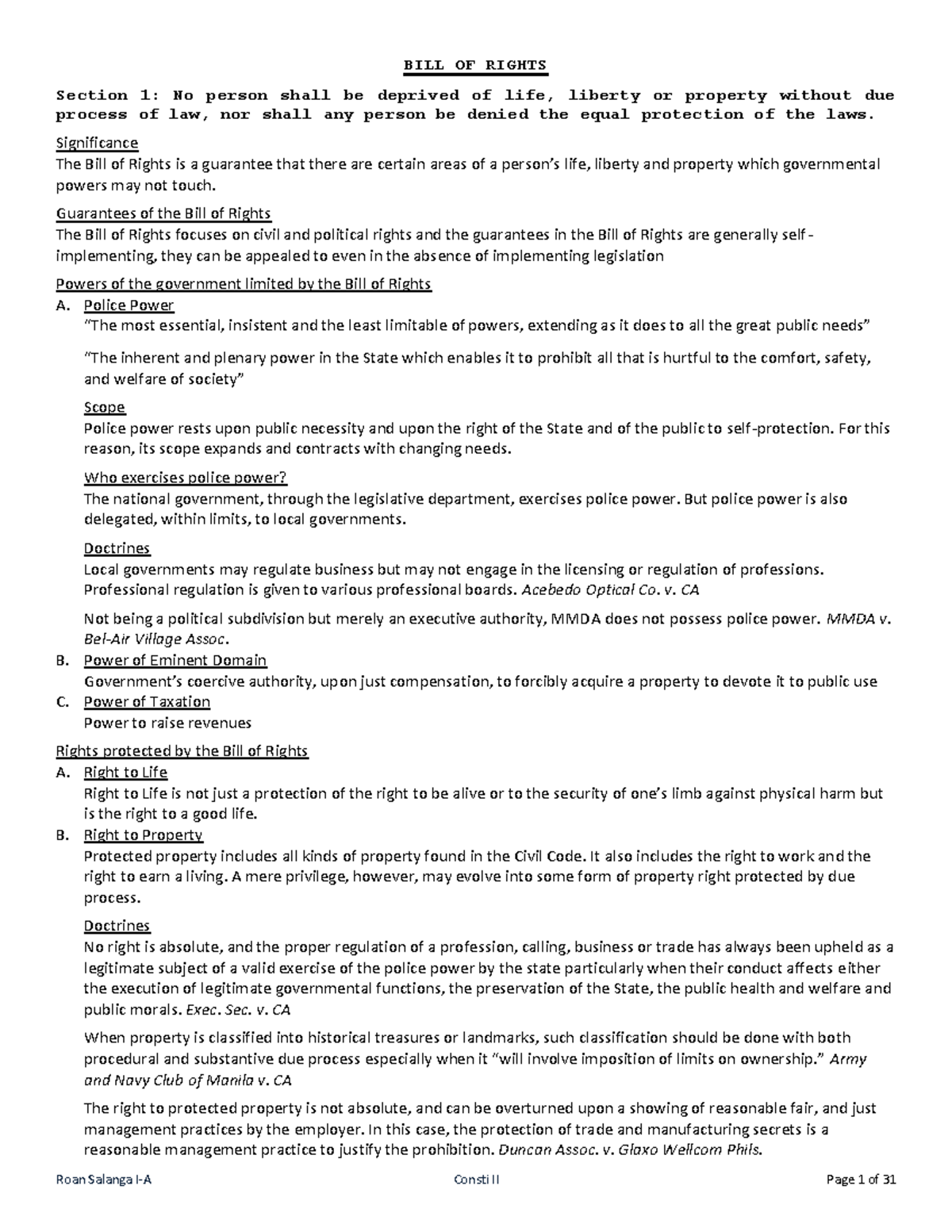 Bill of Rights Reviewer Full - BILL OF RIGHTS Section 1: No person ...