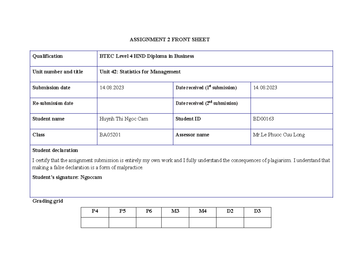 570BA05201-BD00163-ASM2 - ASSIGNMENT 2 FRONT SHEET Qualification BTEC Level 4 HND Diploma in ...