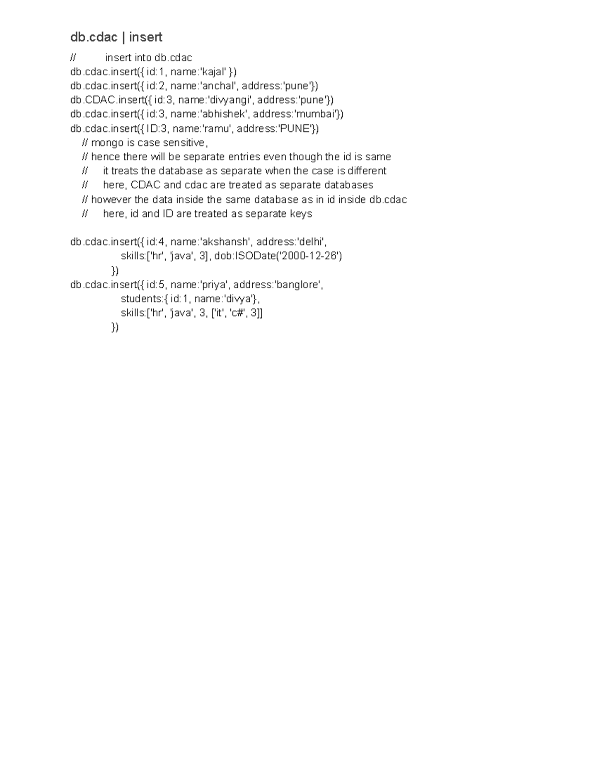 Mongo DB Practice - database technology - db | insert // insert into db ...
