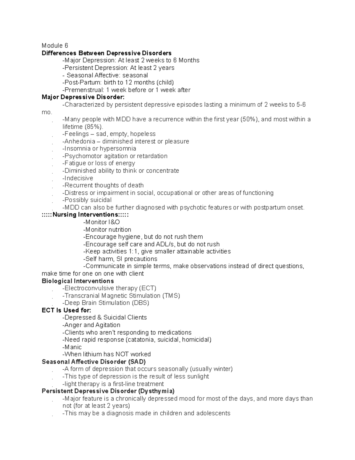 MH Module 6 Study Guide - Module 6 Differences Between Depressive ...