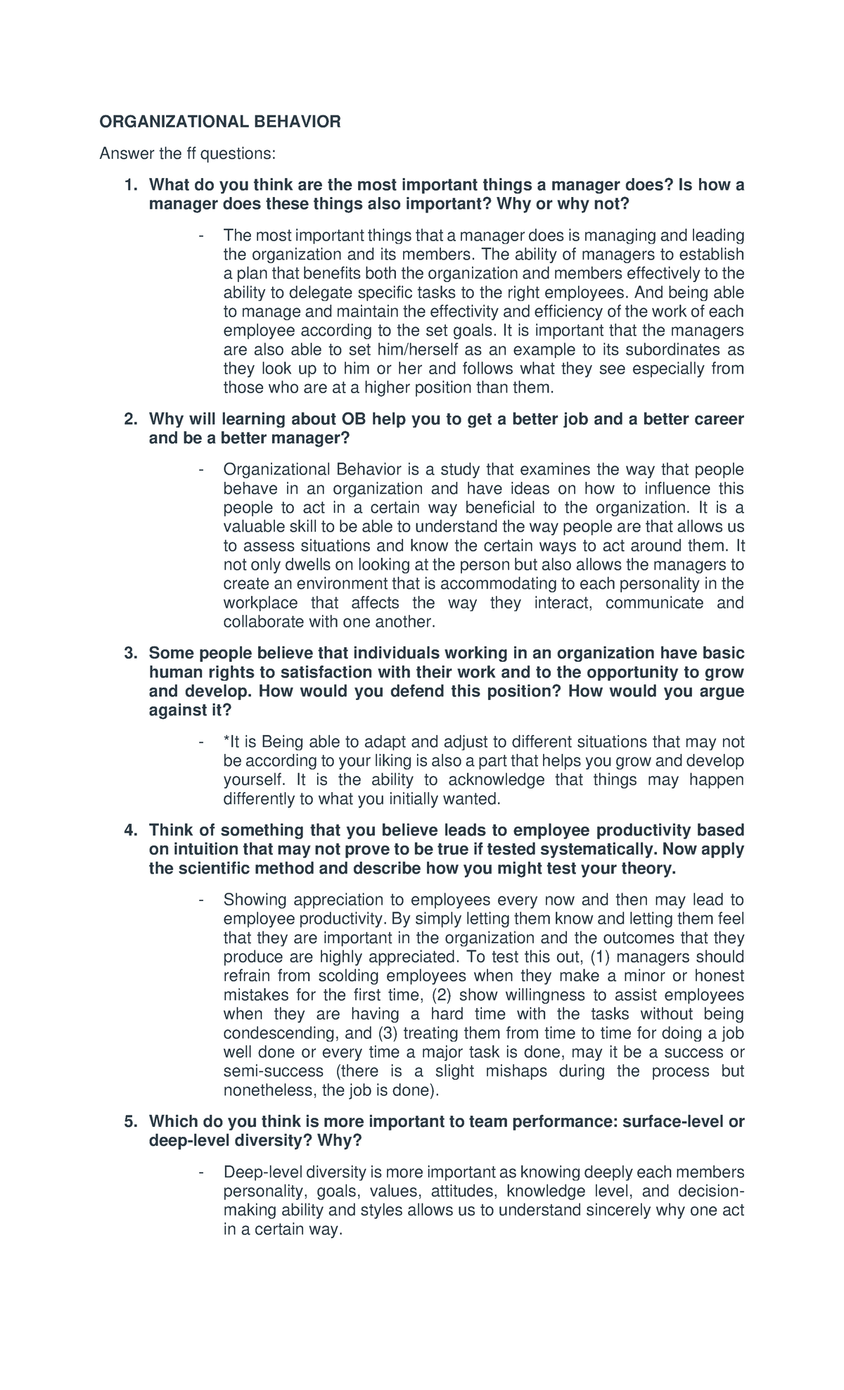 Organizational Behavior Chap1 2 - ORGANIZATIONAL BEHAVIOR Answer the ff ...