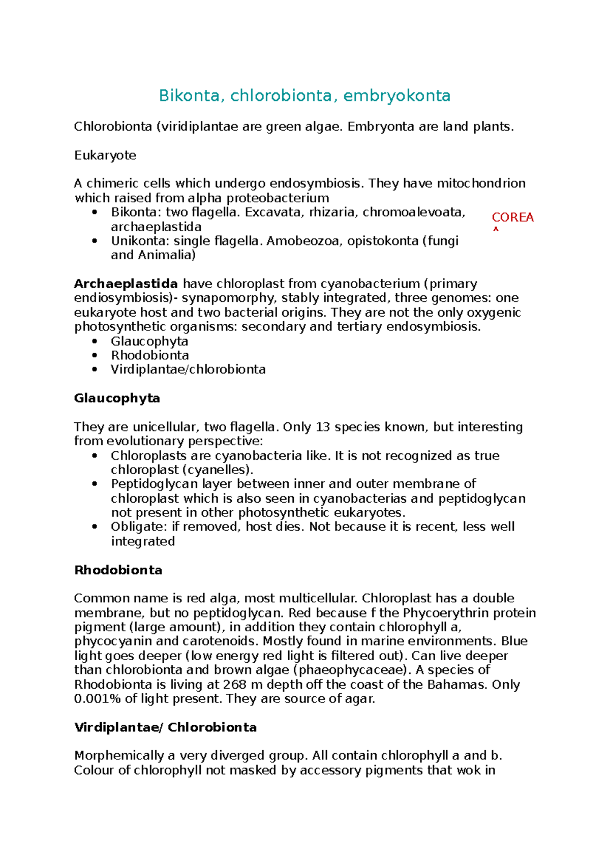 Week 5 Bikonta, chlorobionta, embryonta - Bikonta, chlorobionta ...