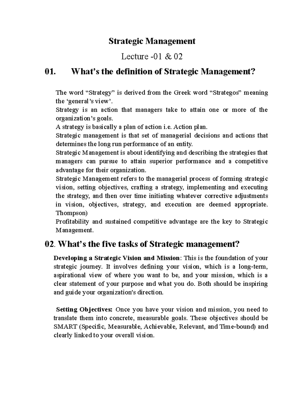 Strategics Mgt L 1 & 2 - Strategic Management Lecture -01 & 02 01. What ...