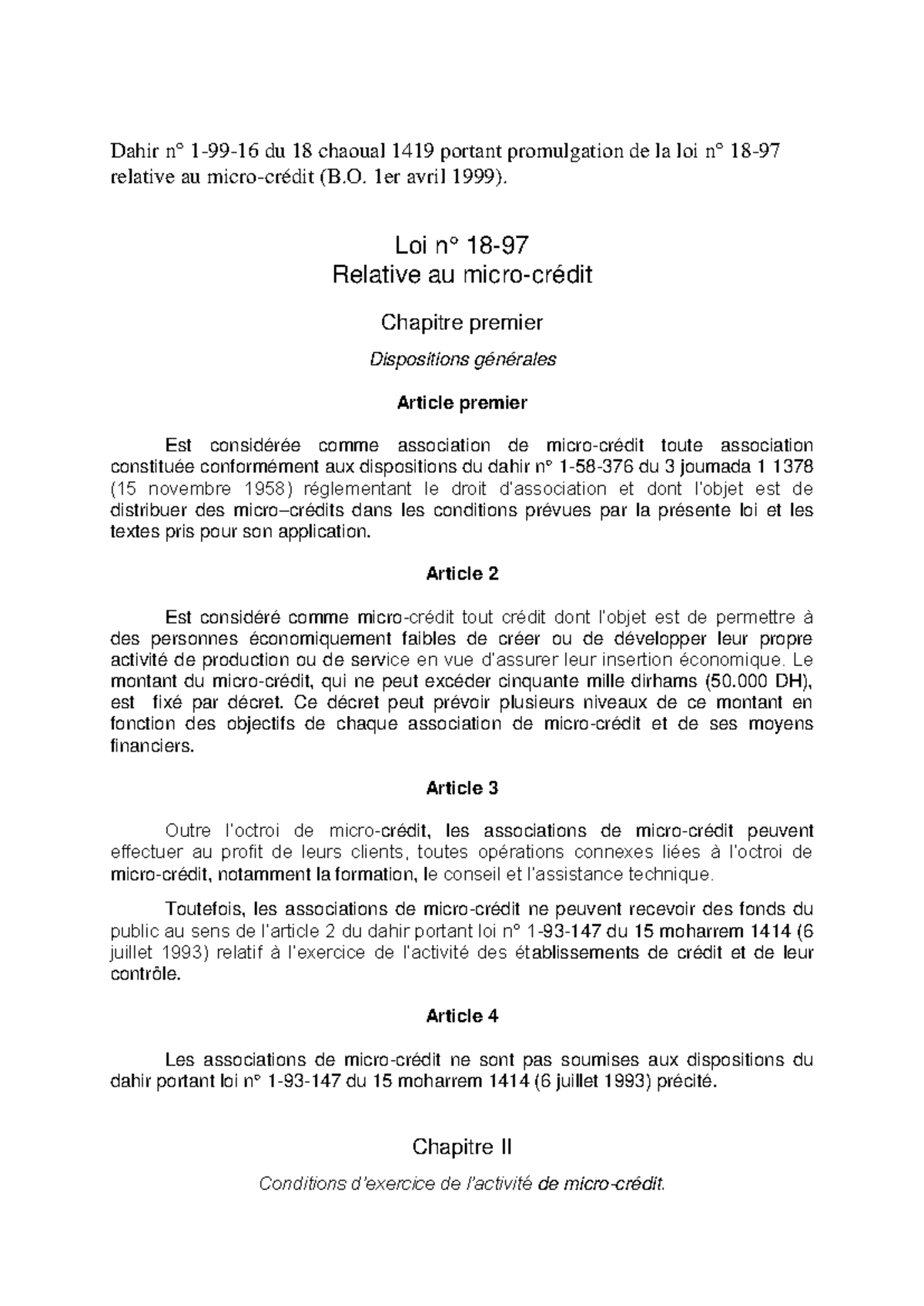 Loi-microcrédit-18-97 - Dahir n° 1-99-16 du 18 chaoual 1419 portant ...