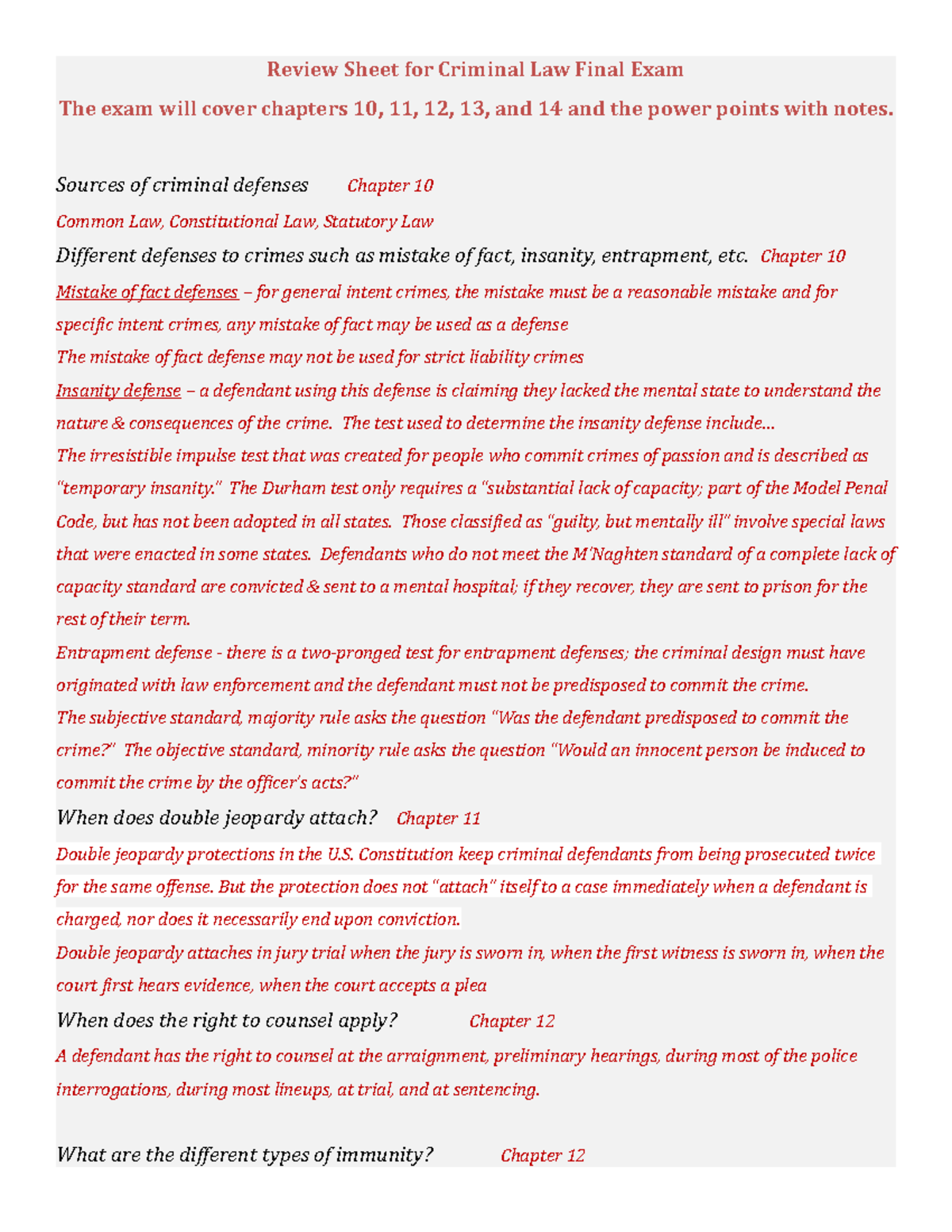 Criminal Law Final Notes - Review Sheet for Criminal Law Final Exam The ...