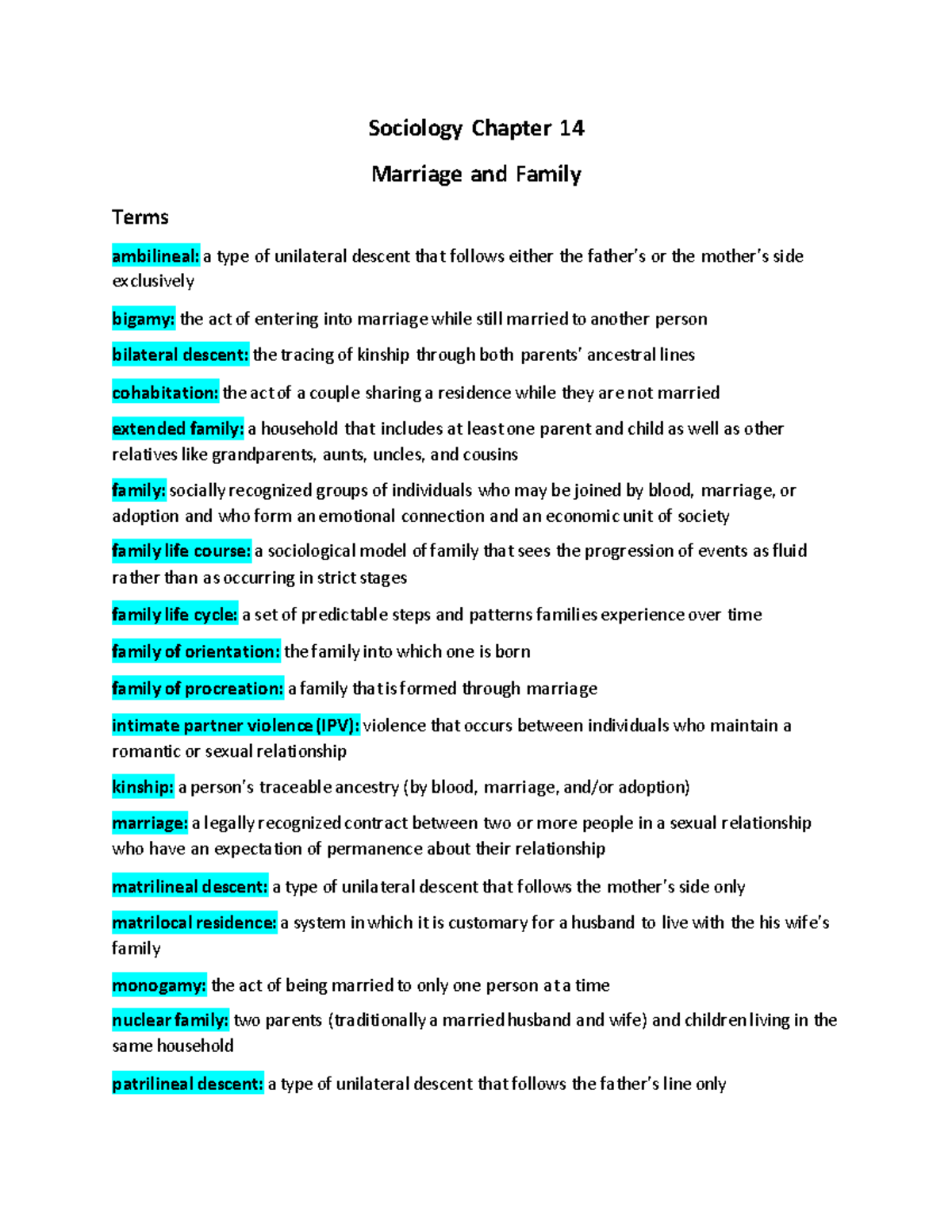 SOC Exam 1 Review - Sociology Chapter 14 Marriage and Family Terms ...