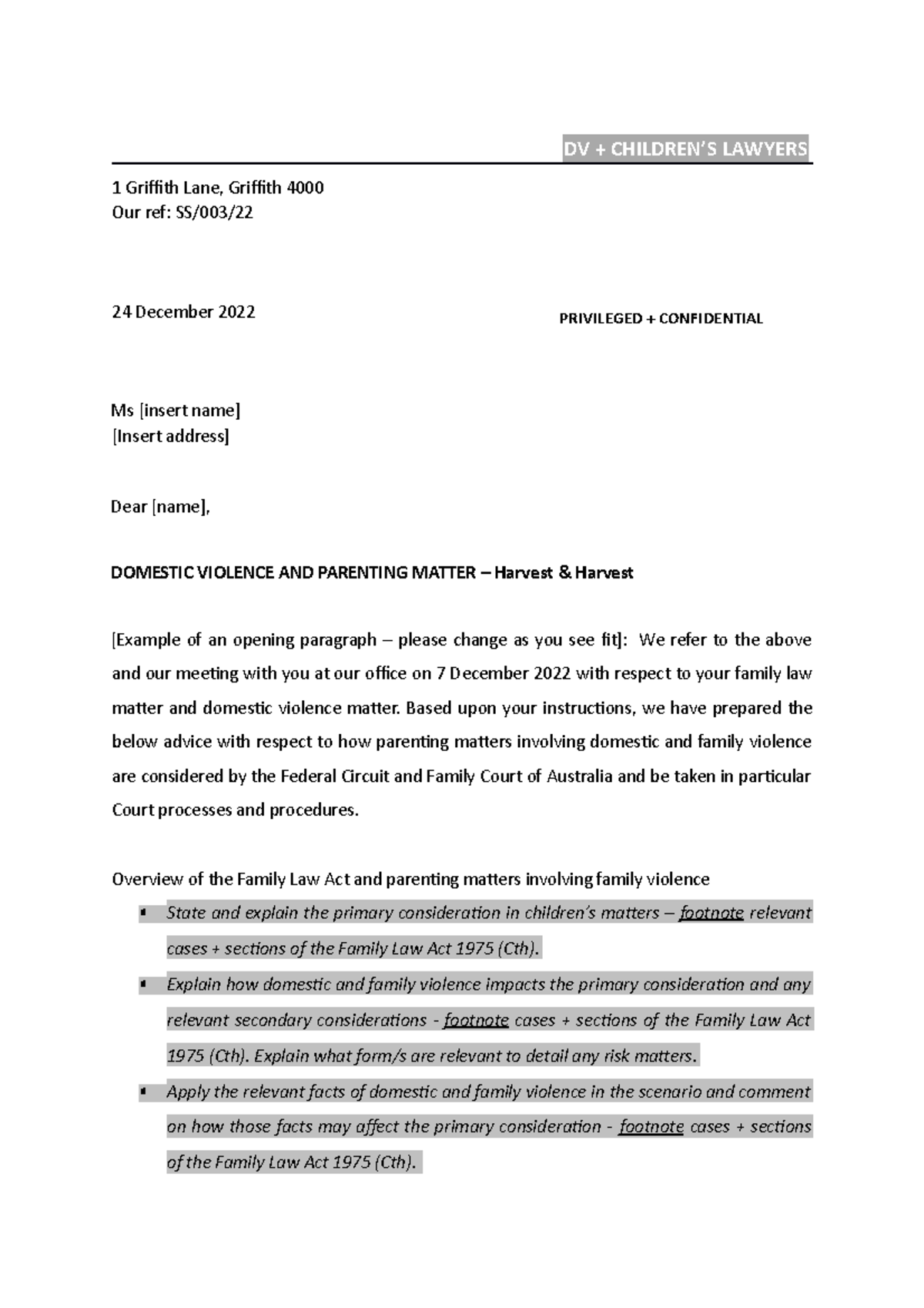 Assessment Item 3 - Template for Initial Letter to Client - DV ...