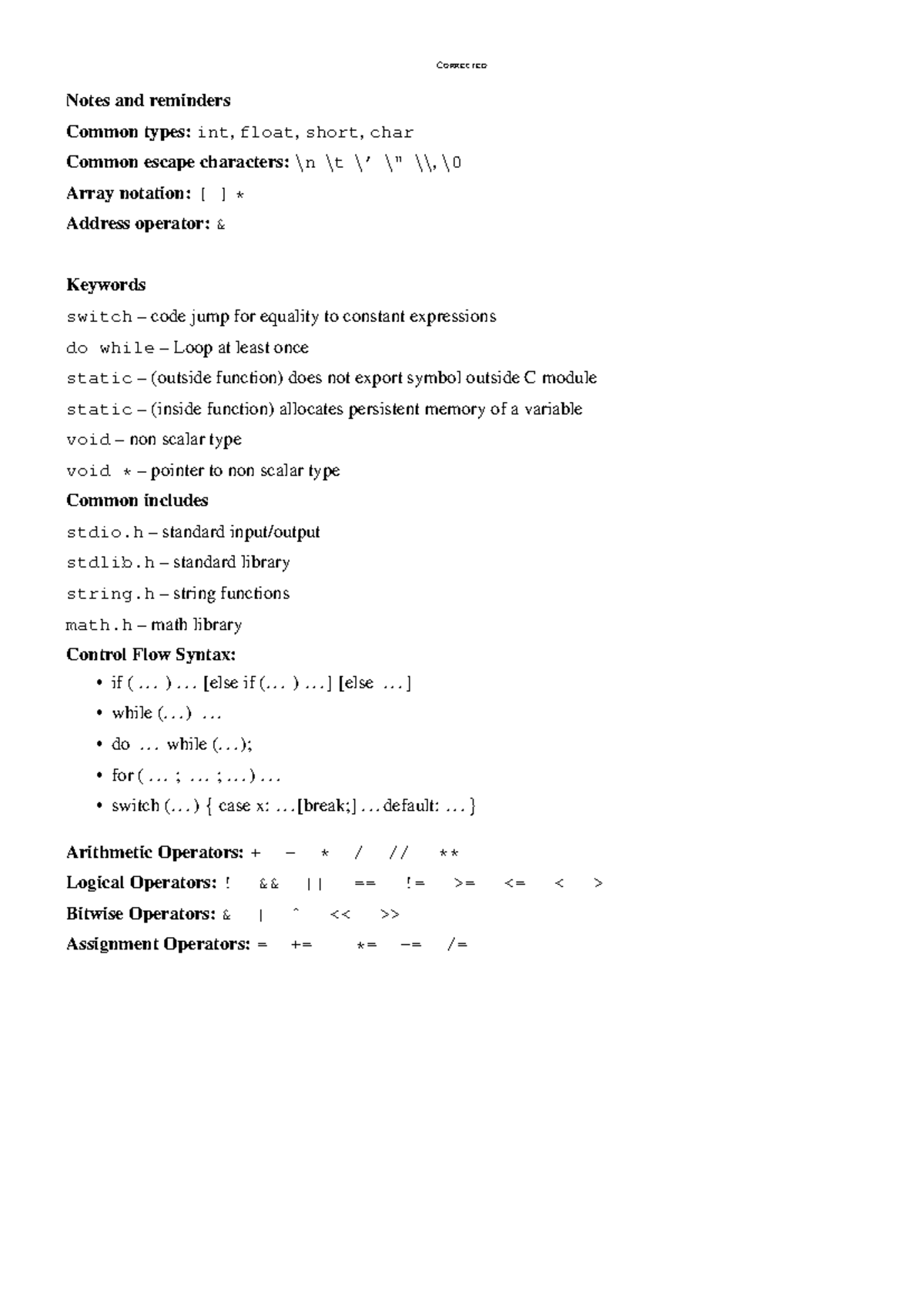 Examination reference pages - DRAFT Notes and reminders Common types ...
