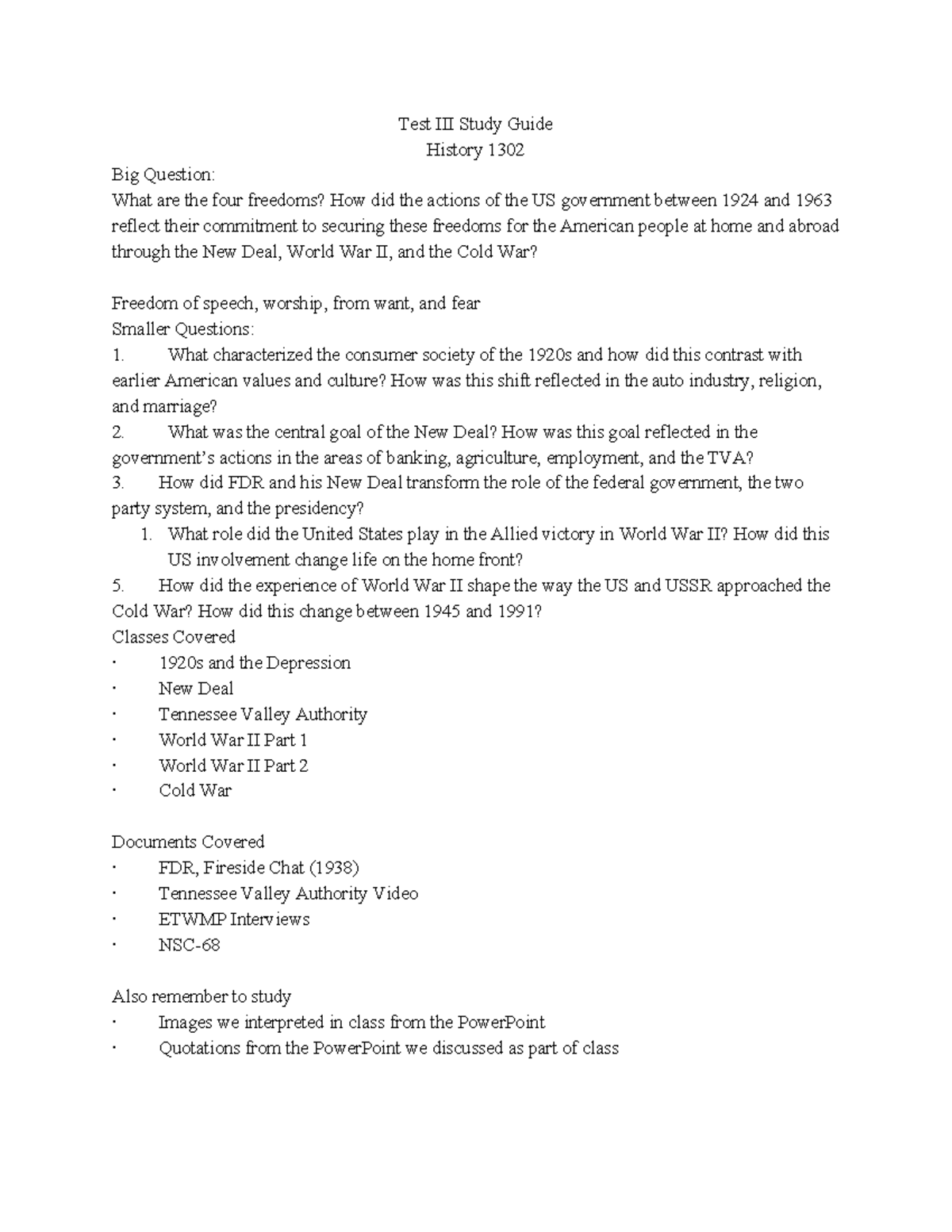 Test III Study Guide - Test III Study Guide History 1302 Big Question ...