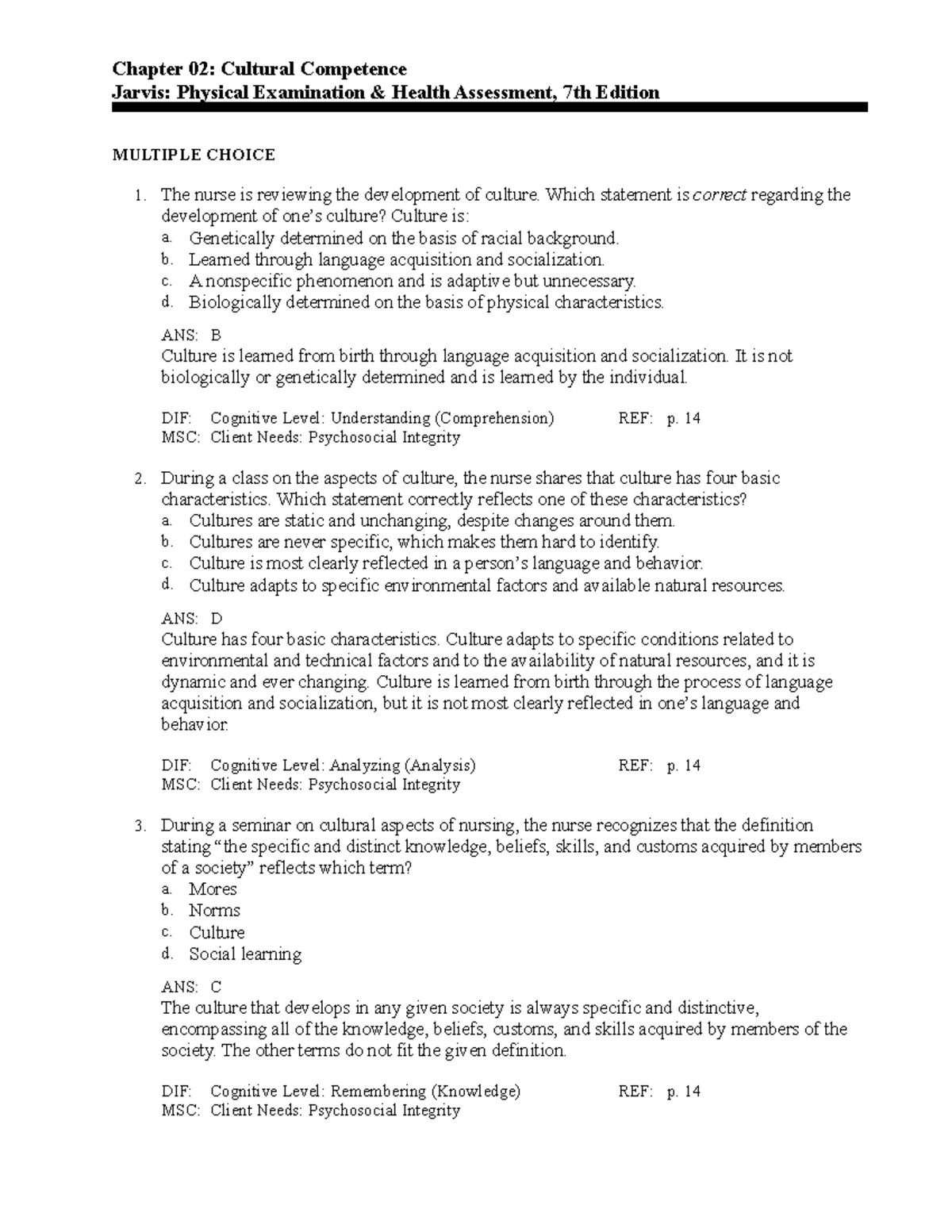 C2 - Jarvis Physical Health Assessment 7 edition - Chapter 02: Cultural ...