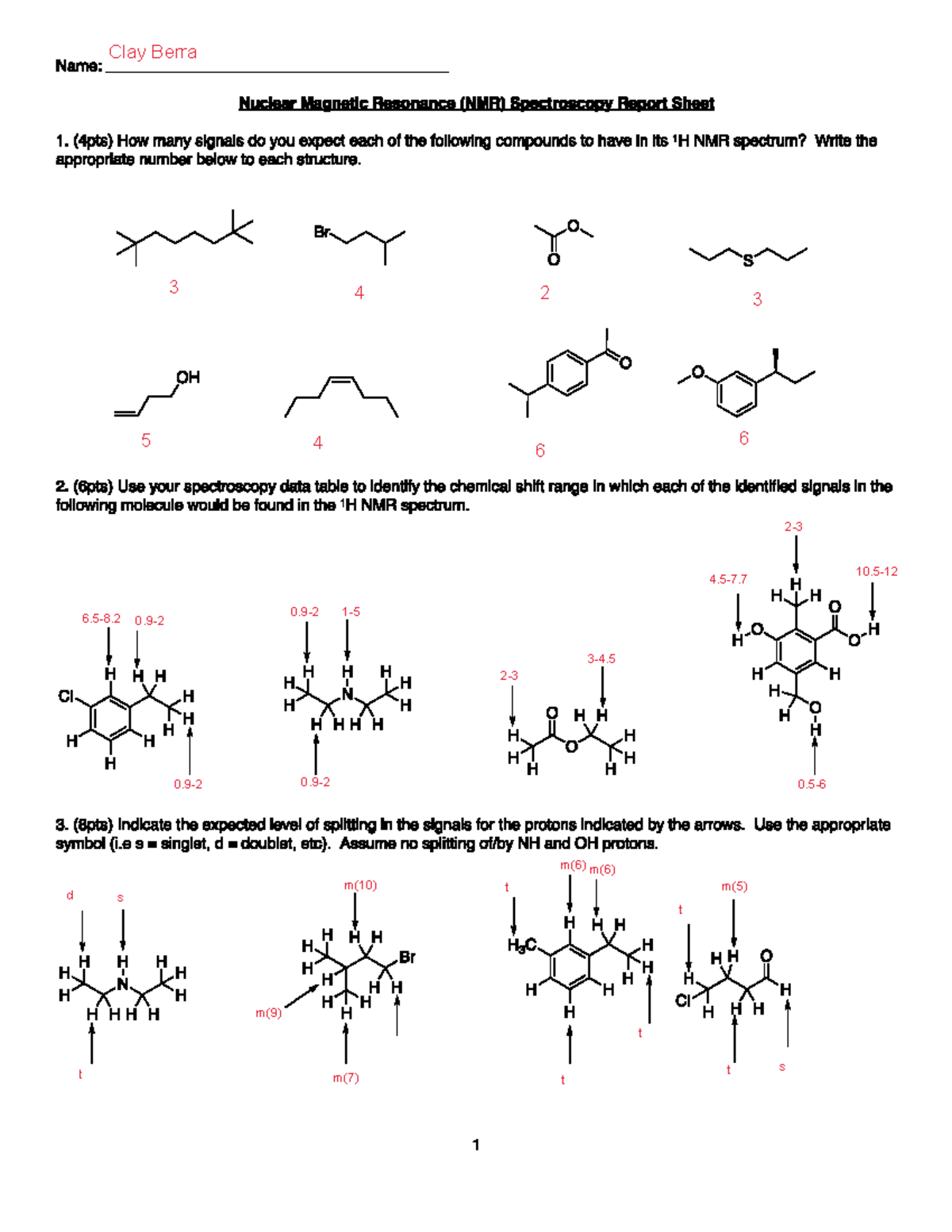 Chem 231 F21 1HNMR Report Sheet Final DONE - Clay Berra 3 4 3 6 6 54 6. ...