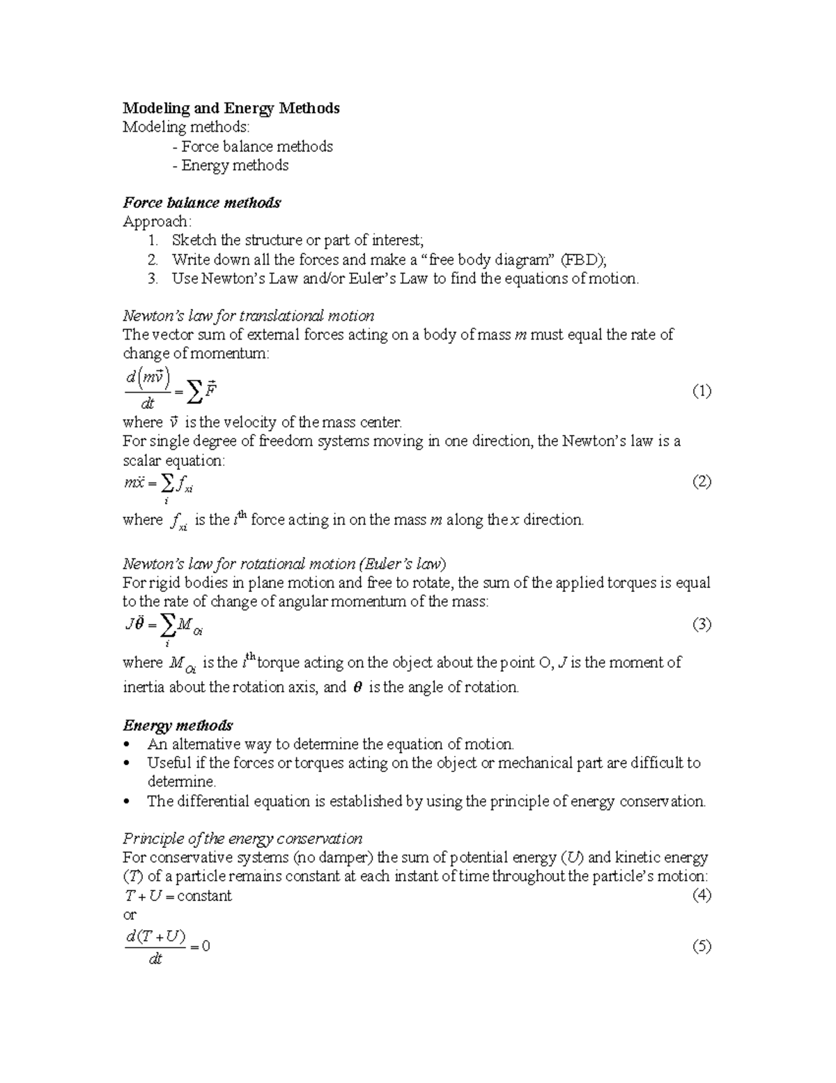 LN 4 Modeling and Energy Methods - Modeling and Energy Methods Modeling ...