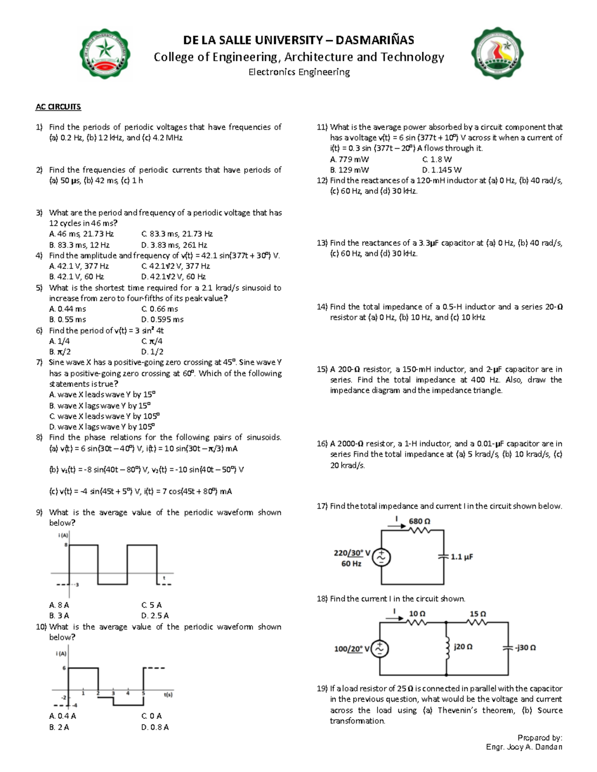 AC Circuits - DE LA SALLE UNIVERSITY – DASMARIÑAS College of ...