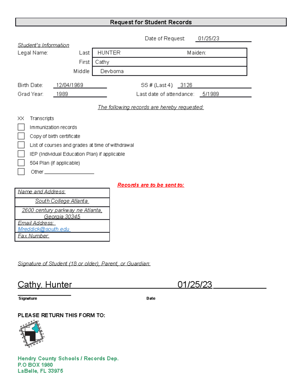 Request for Student Records - Hunter 01/25/ Signature Date PLEASE ...