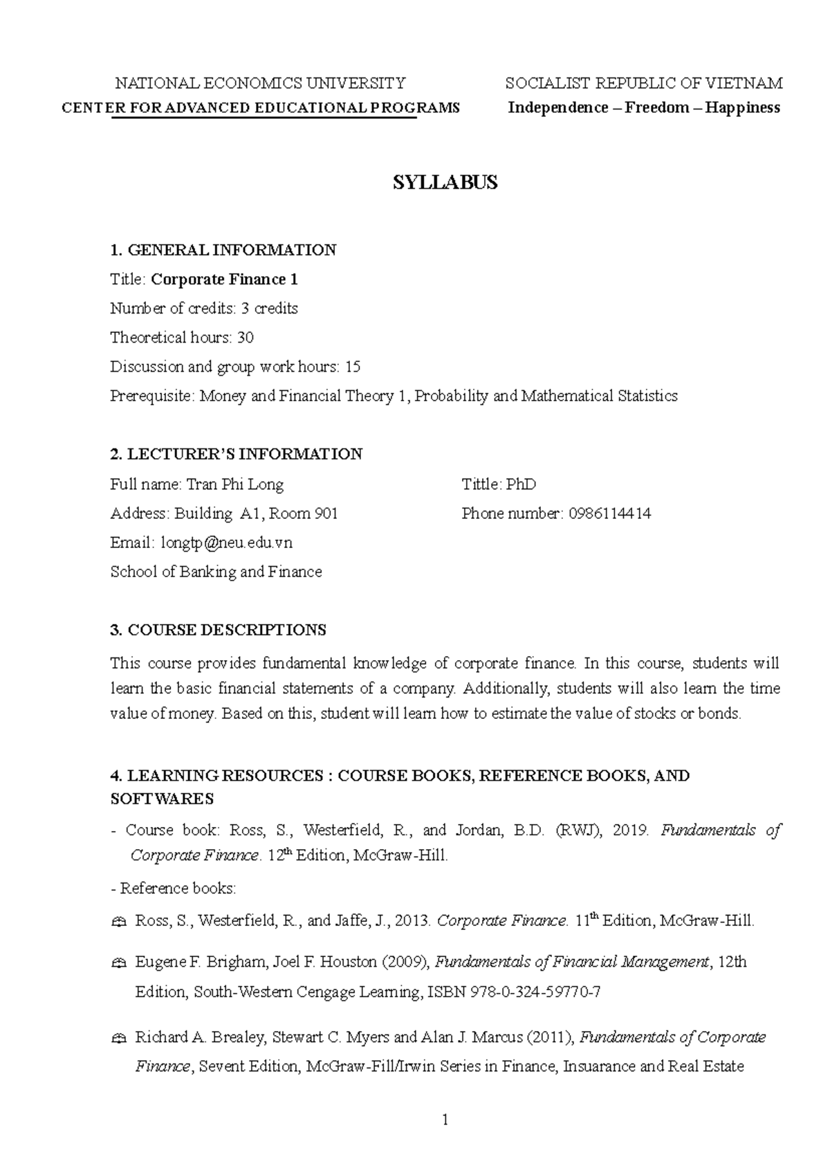 Syllabus Corporate Finance 15w - NATIONAL ECONOMICS UNIVERSITY CENTER FOR ADVANCED EDUCATIONAL ...