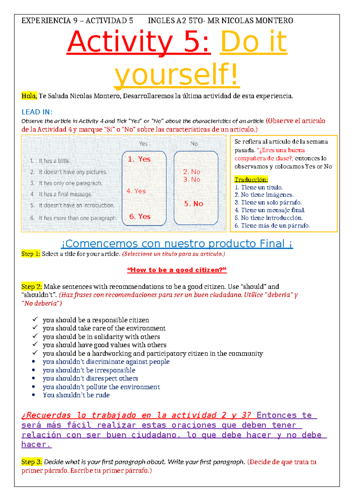 Inglés A2 5to (Activity 5) Exp 9 - Activity 5: Do it yourself! Hola, Te Saluda Nicolas Montero ...