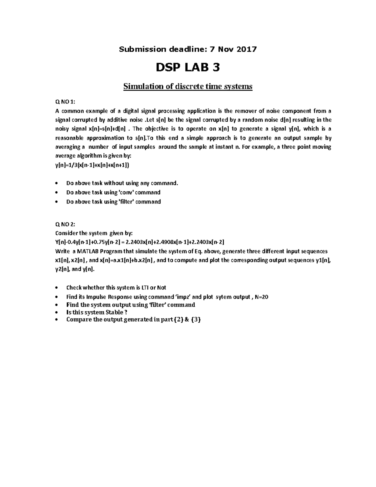 Lab 3 - Submission deadline: 7 Nov 2017 DSP LAB 3 Simulation of ...